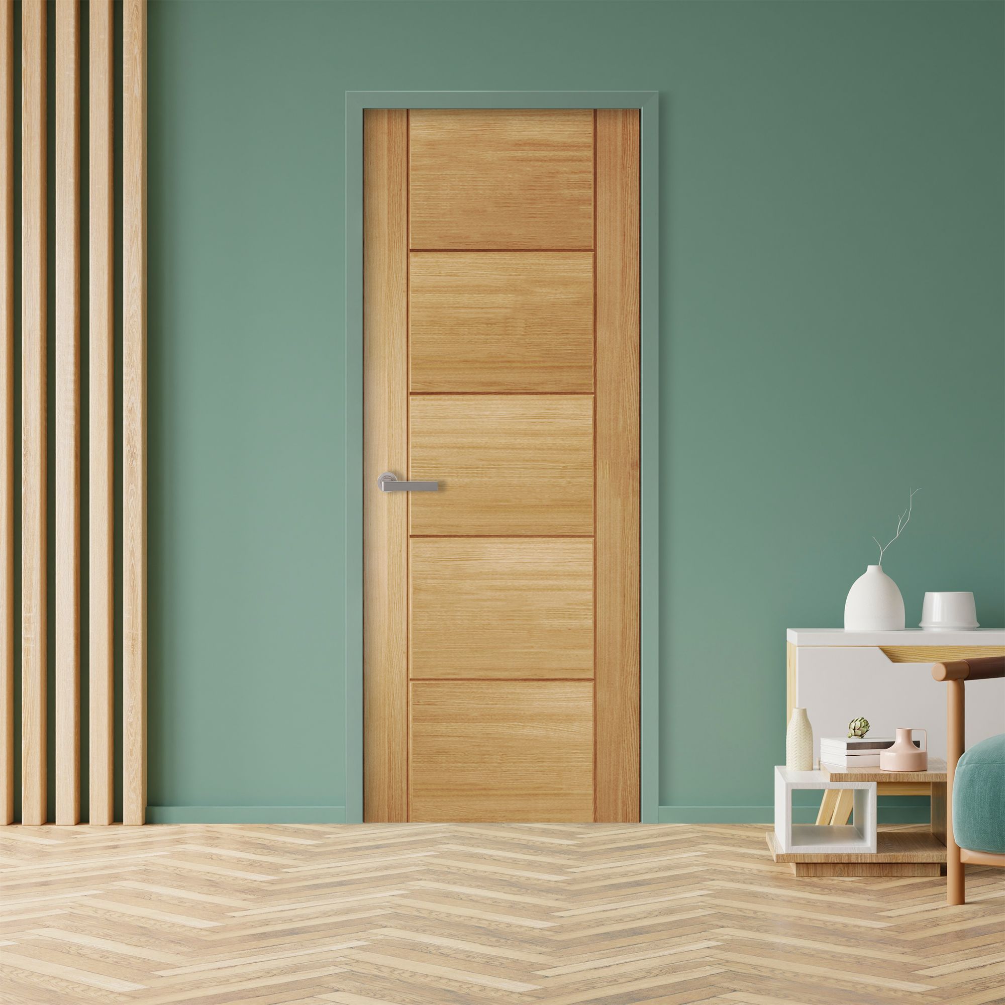 Linear Unglazed Contemporary Oak veneer Internal Timber Door, (H)1981mm ...