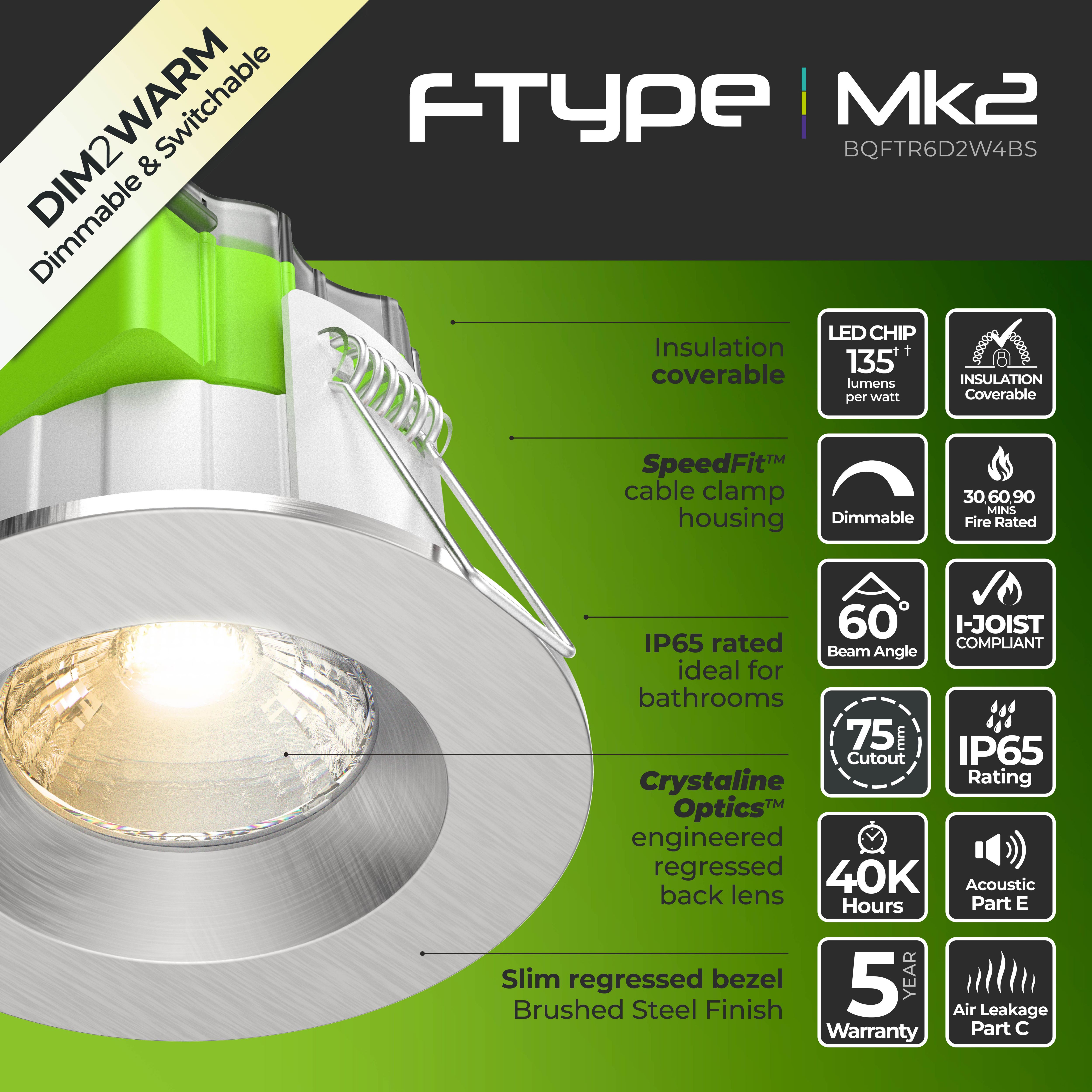 Luceco FType Mk2 Brushed Steel effect Fixed LED Fire-rated Cool & warm ...