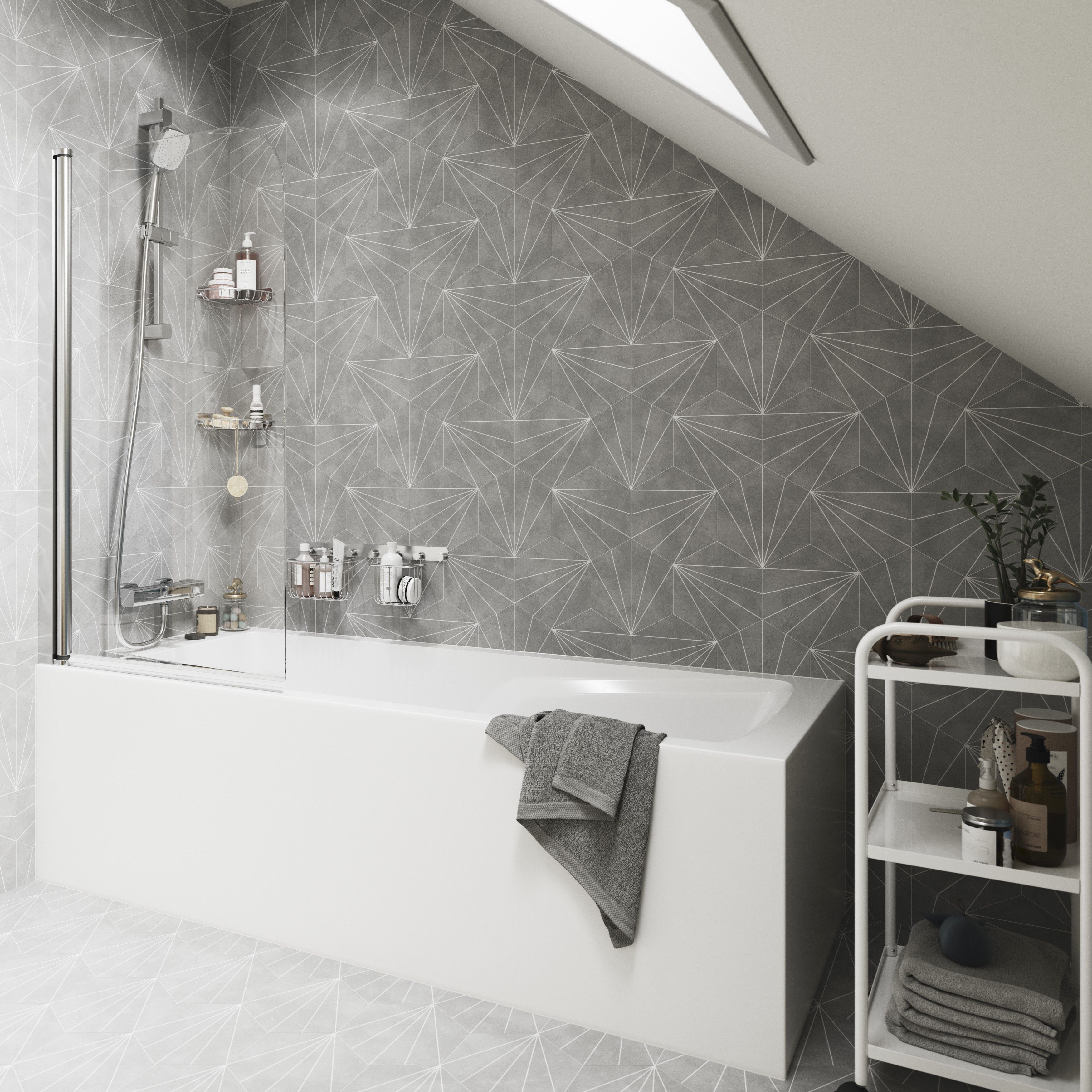 Lyla Grey & white Matt Patterned Porcelain Wall & floor Tile, Pack of ...