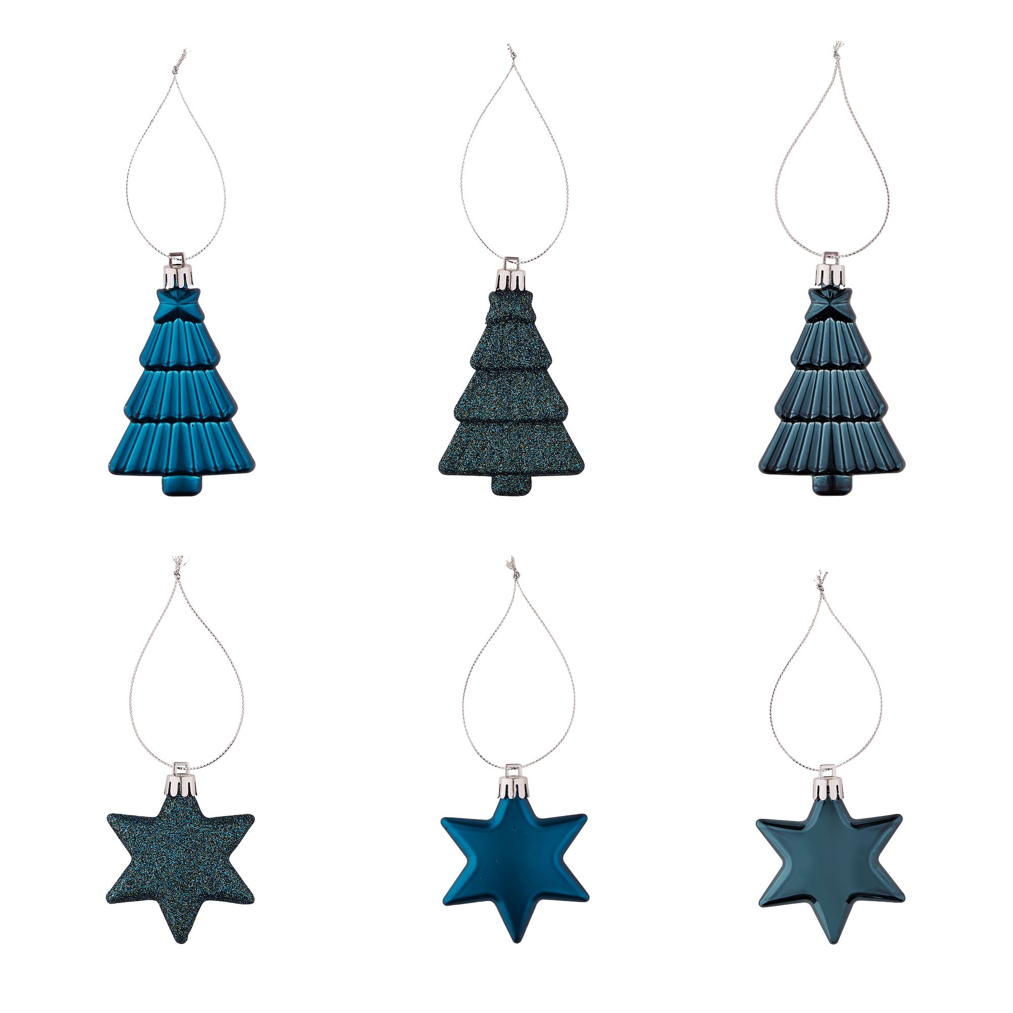 Majolica Blue Plastic Star & tree Hanging decoration set, Pack of 12