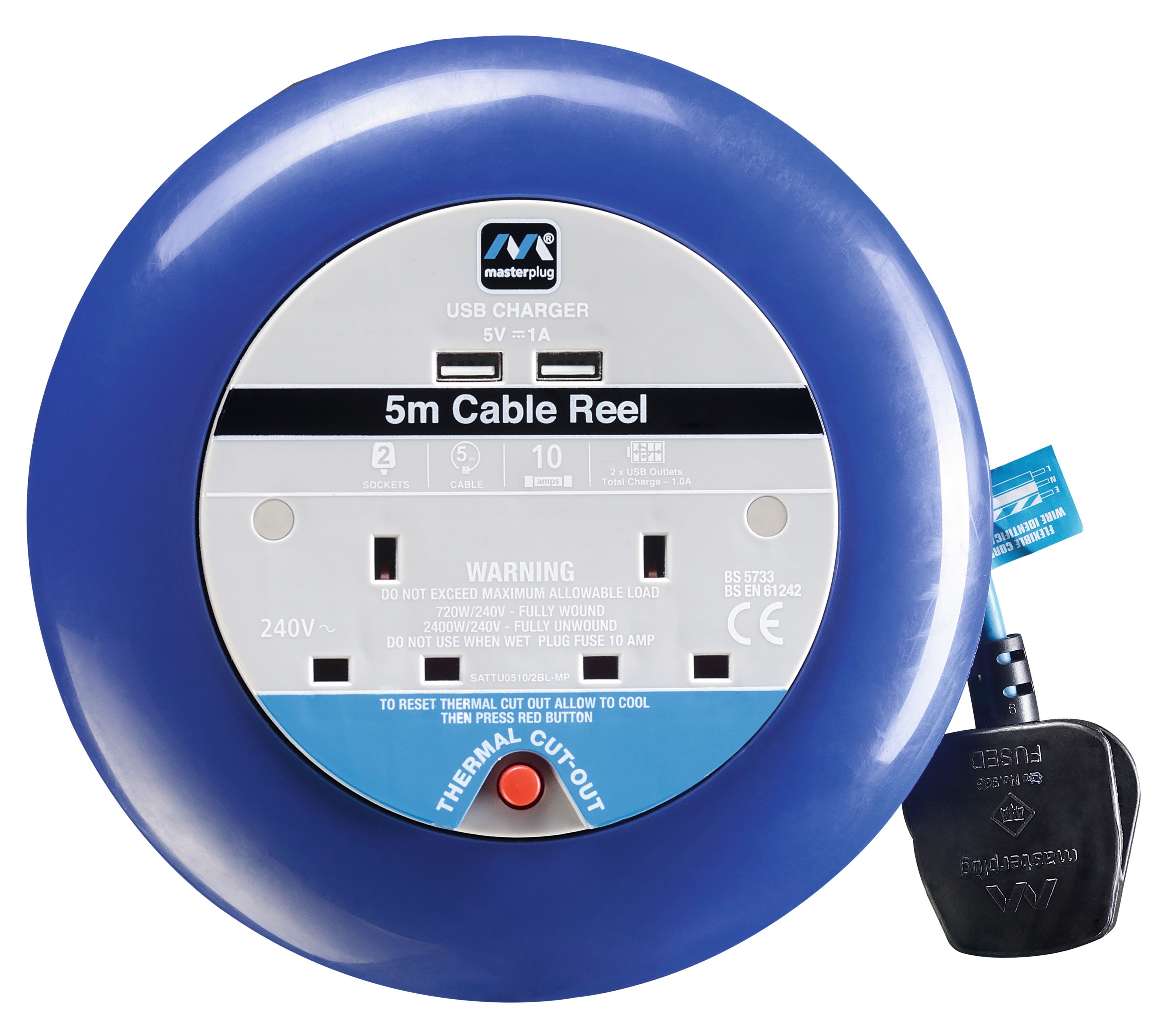 Masterplug 2 socket Cable reel with USBs, 5m | DIY at B&Q