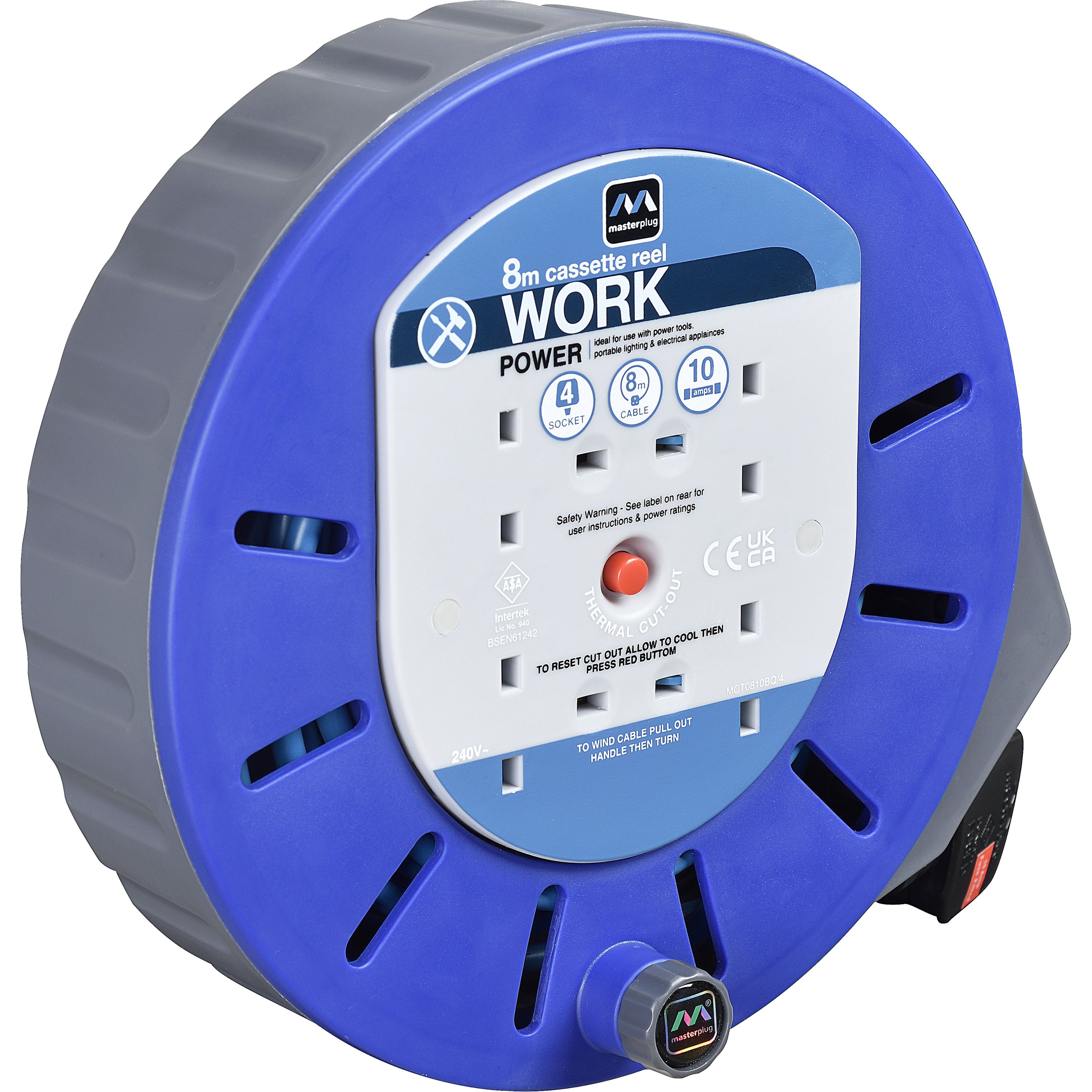 Masterplug 4 socket White Indoor Cable reel, 8m