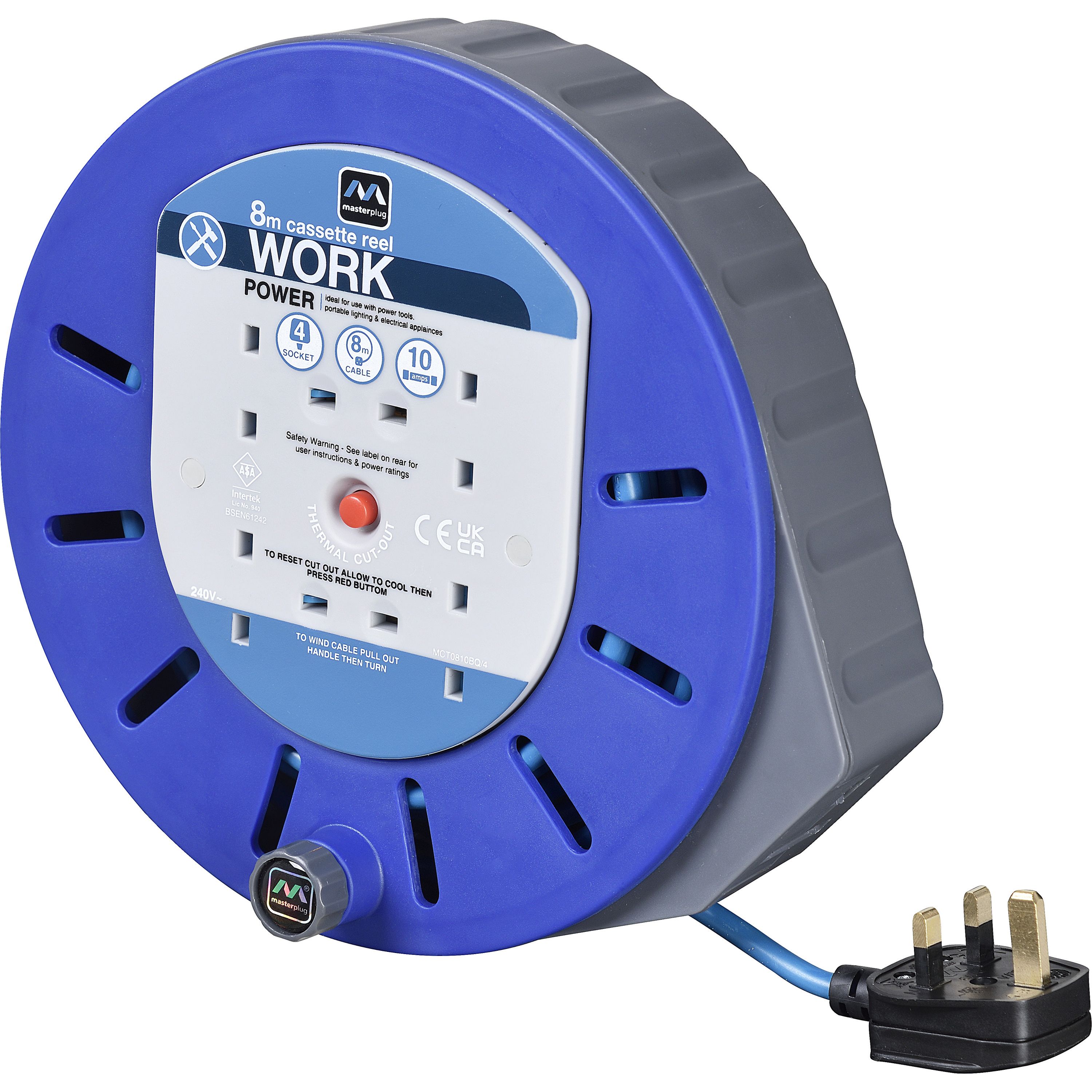 Masterplug 4 socket White Indoor Cable reel, 8m