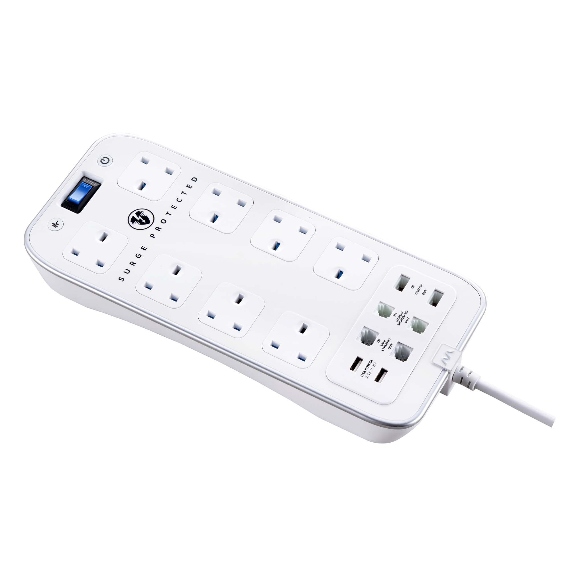 Masterplug Surge White 8 socket Extension lead with USB, 2m | DIY at B&Q