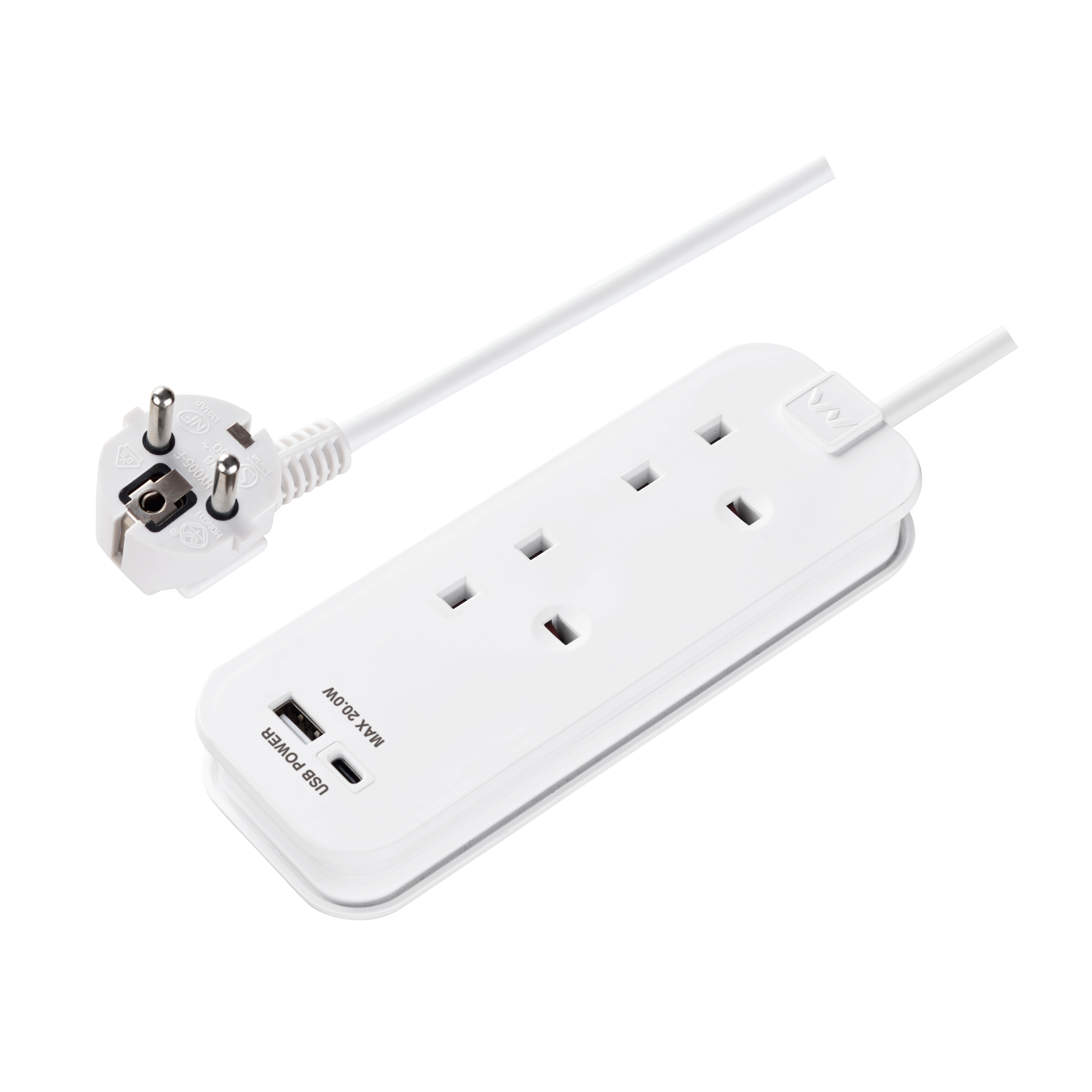 Masterplug White 13A 2 socket Travel extension lead with USB, 0.45m ...