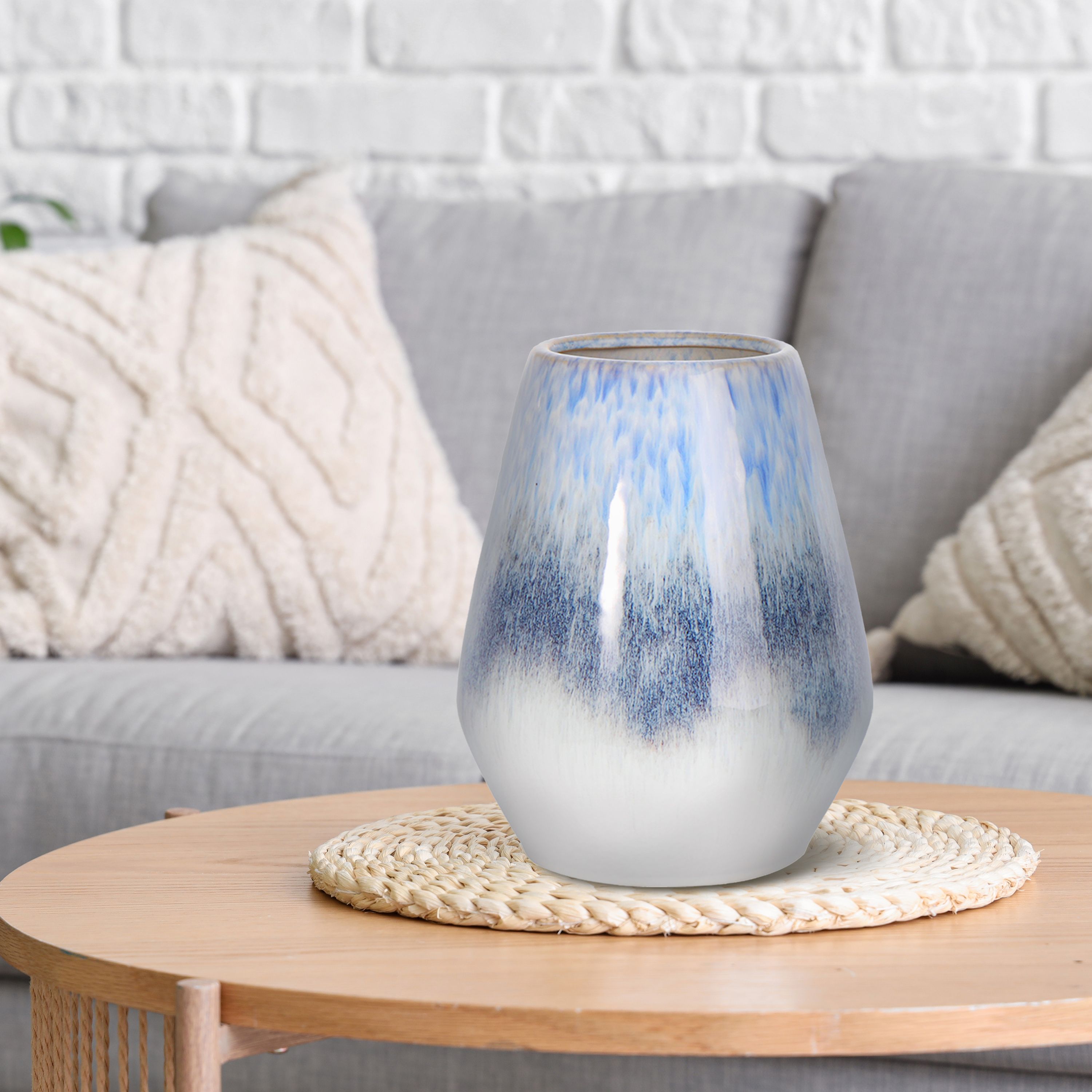 Medium Blue & Grey Gloss Ceramic Coastal Vase, (H)25cm (D)19.5cm