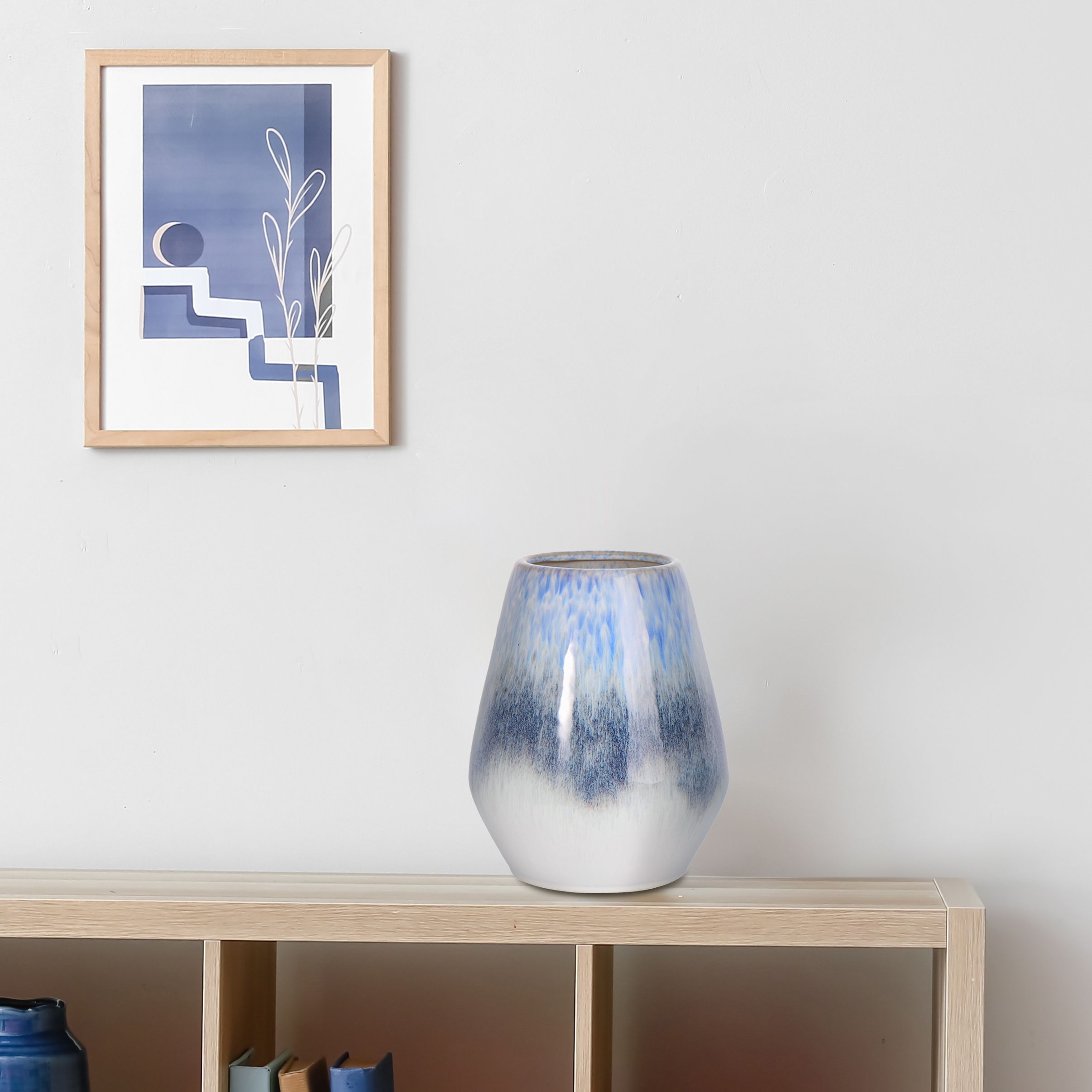 Medium Blue & Grey Gloss Ceramic Coastal Vase, (H)25cm (D)19.5cm