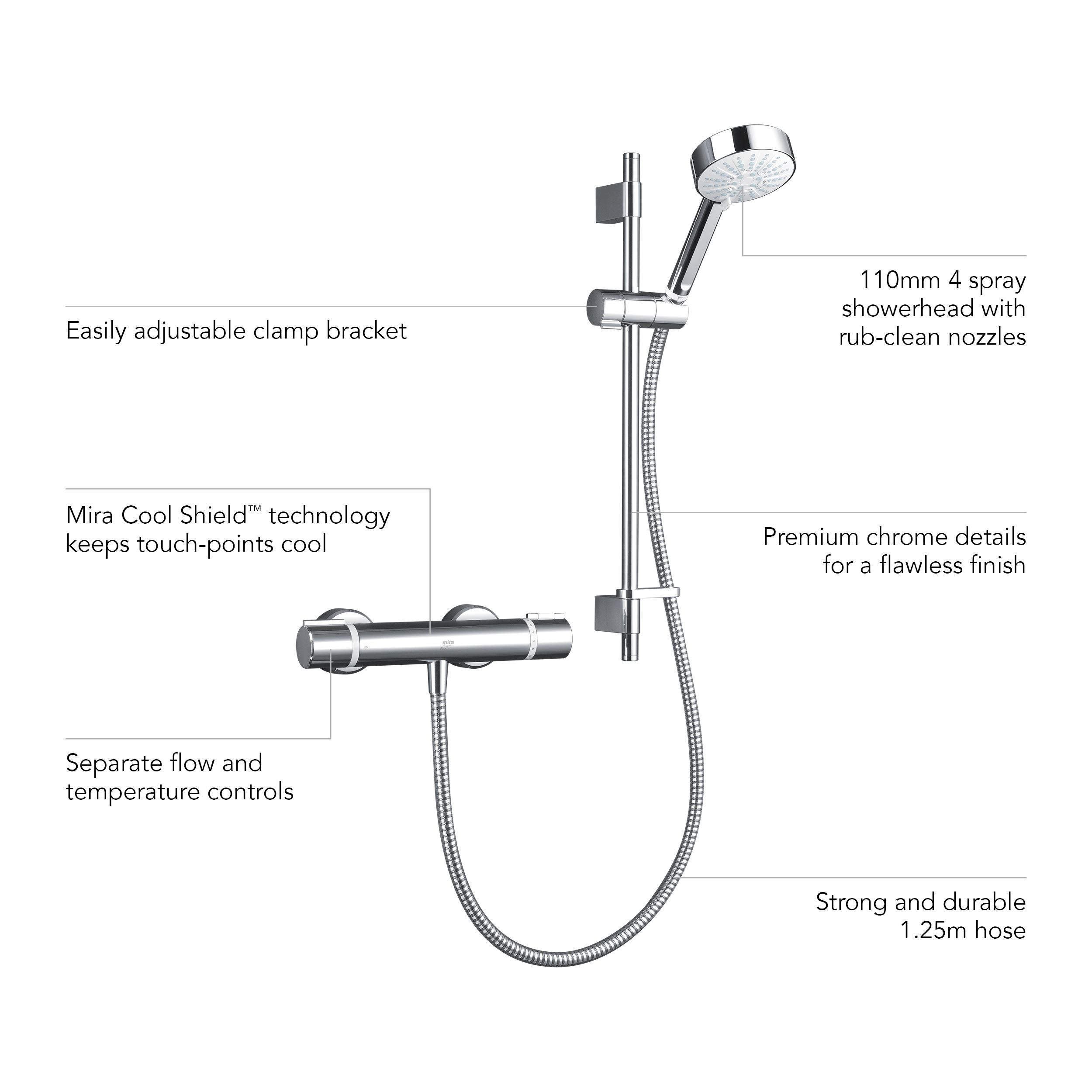 Mira Atom EV Chrome effect Wall-mounted Mixer Shower & 1.25m hose length