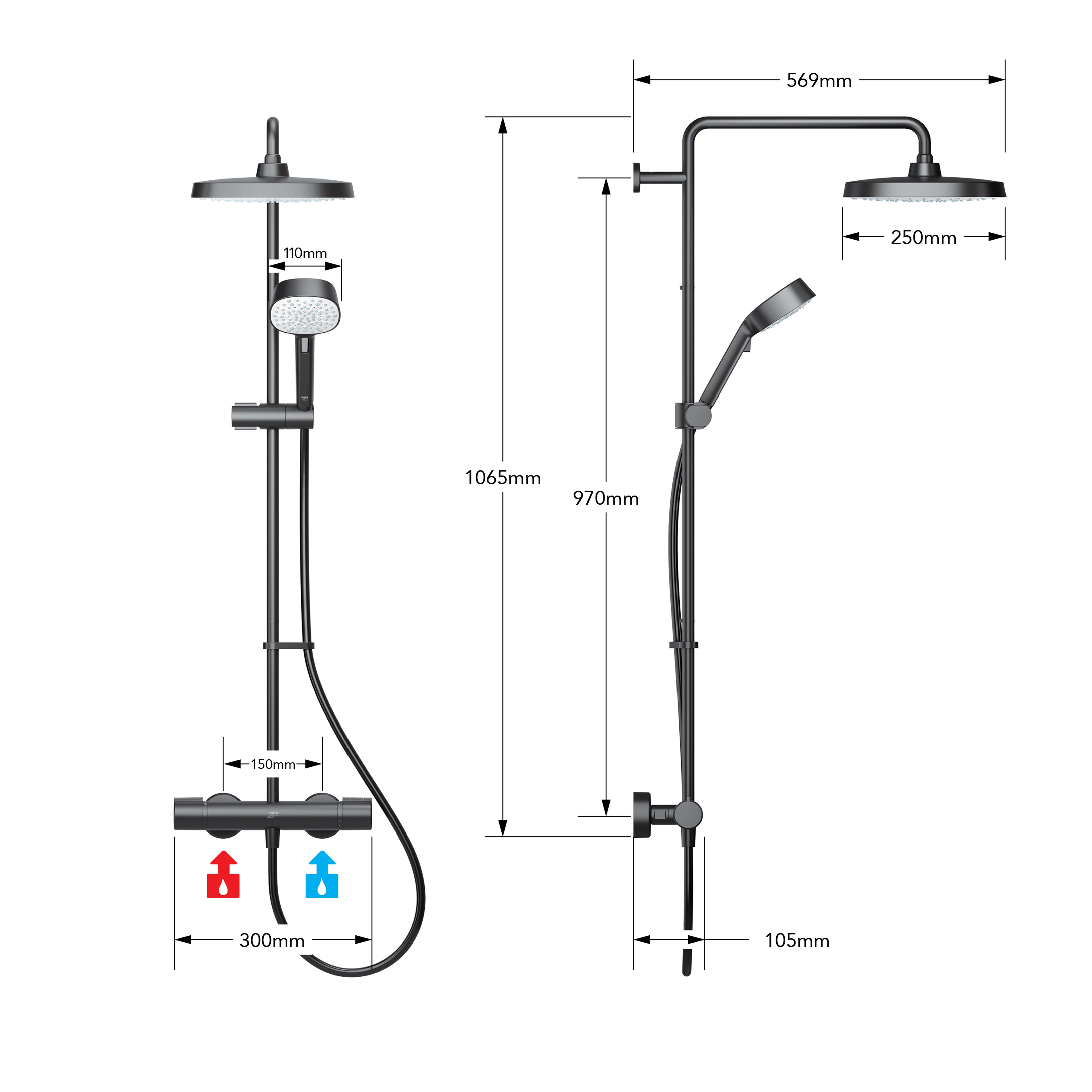 Mira Atom Matt Black Dual H/P combi mixer Shower with 2 heads & 1.25m ...