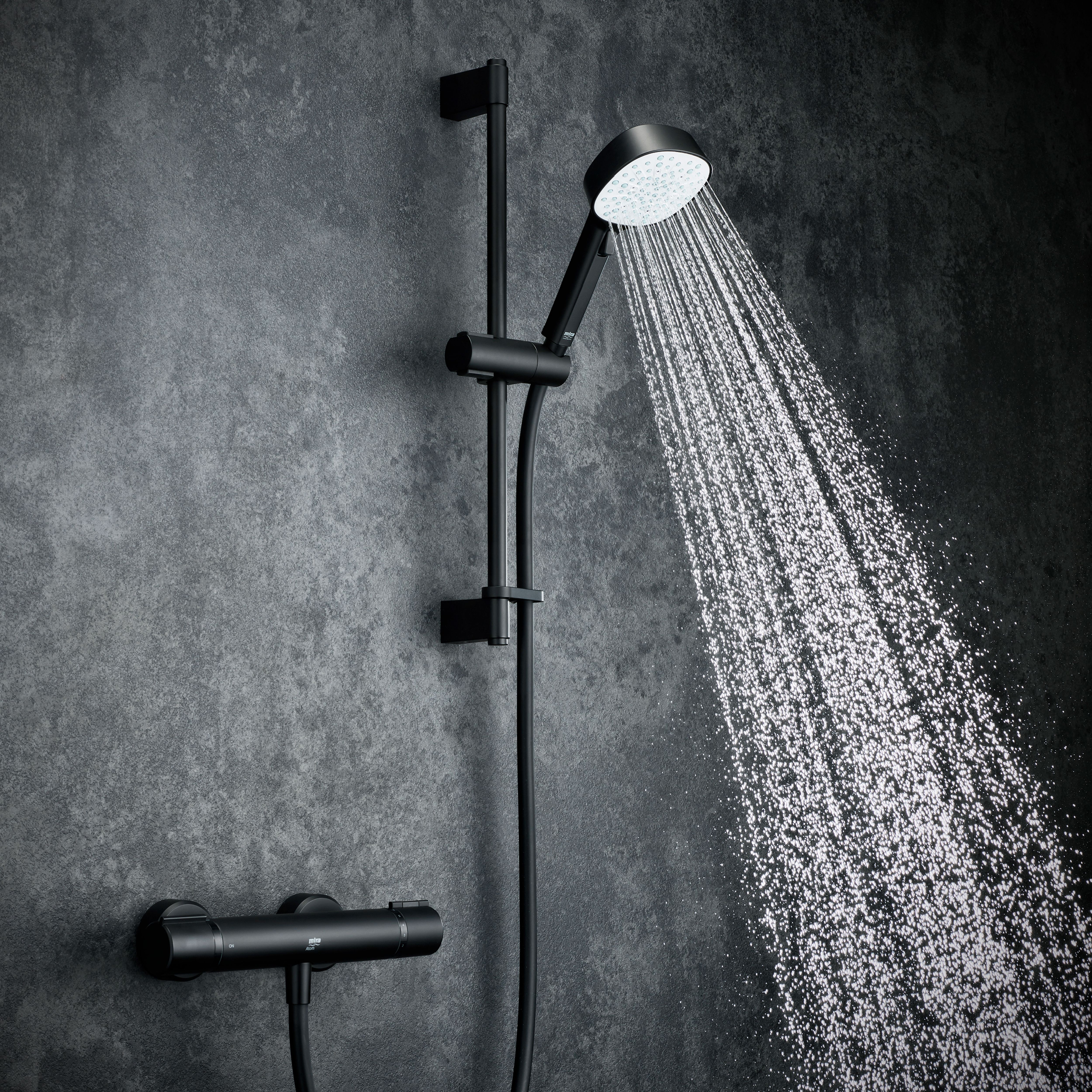Mira Atom Matt Black Rear fed Thermostatic Mixer Shower & 1.25m hose length