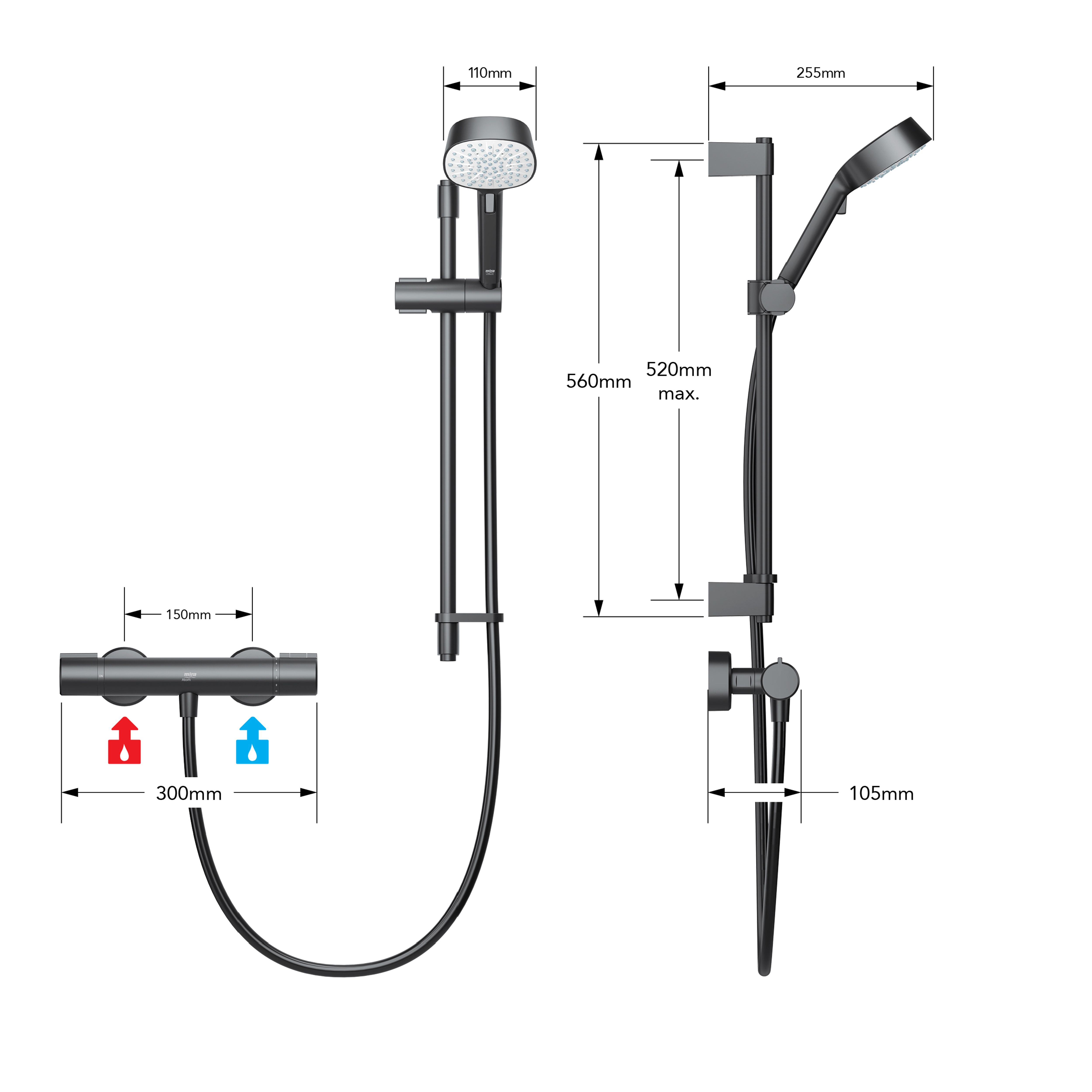 Mira Atom Matt Black Rear fed Thermostatic Mixer Shower & 1.25m hose length