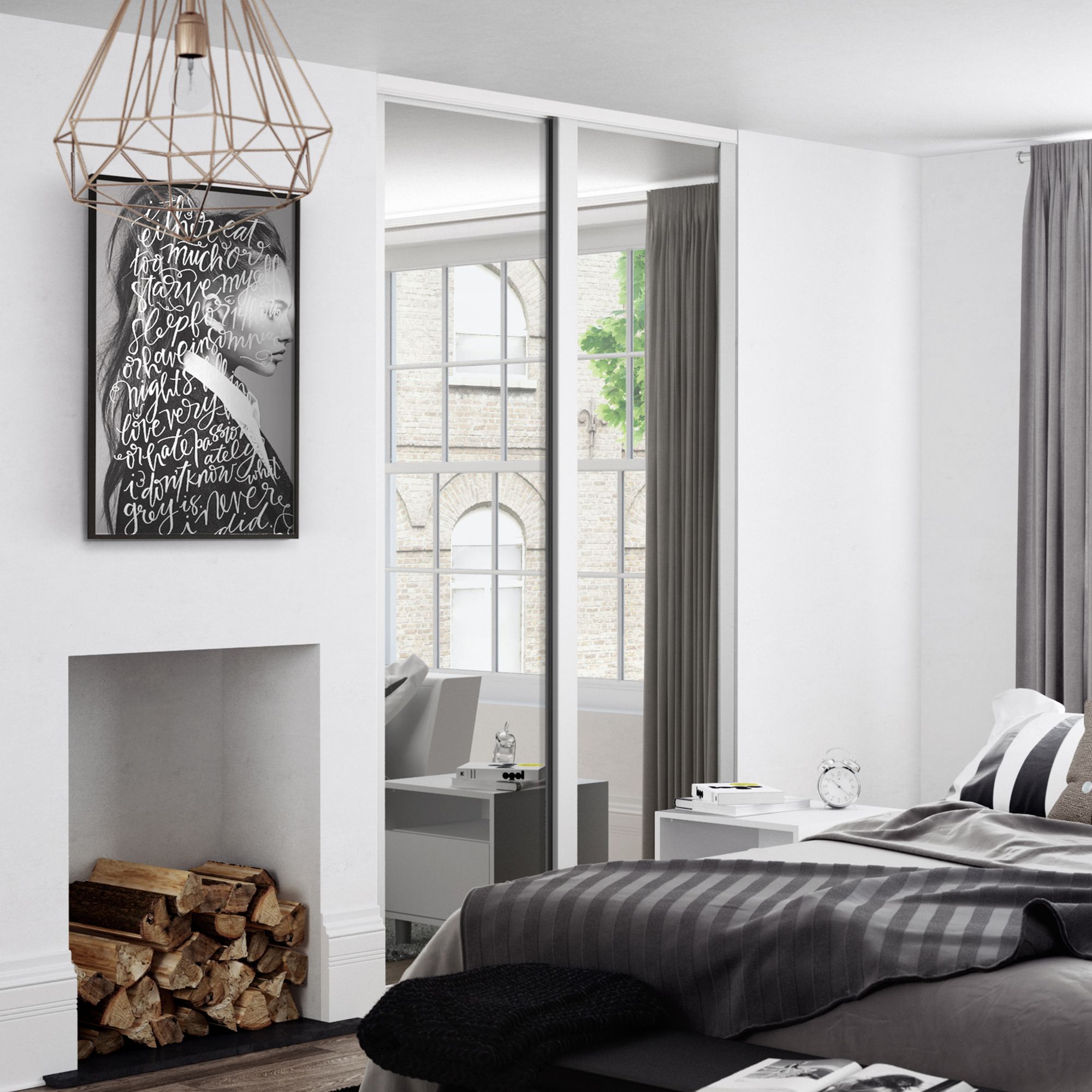 Mirrored White 2 door Sliding Wardrobe Door kit with internal storage H 2220mm W 1200mm