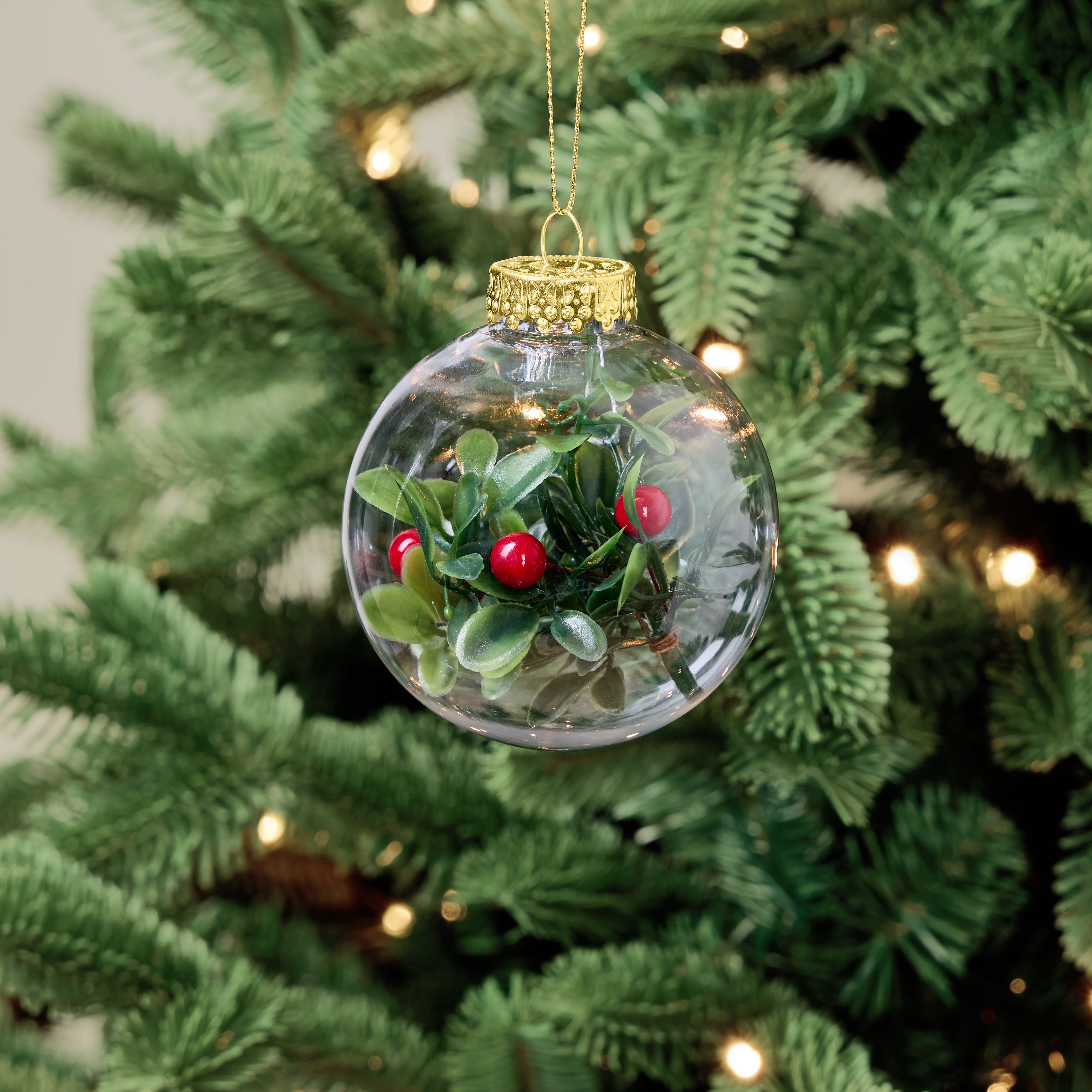 Mistletoe filled Plastic Round Bauble (D) 80mm - Transparent