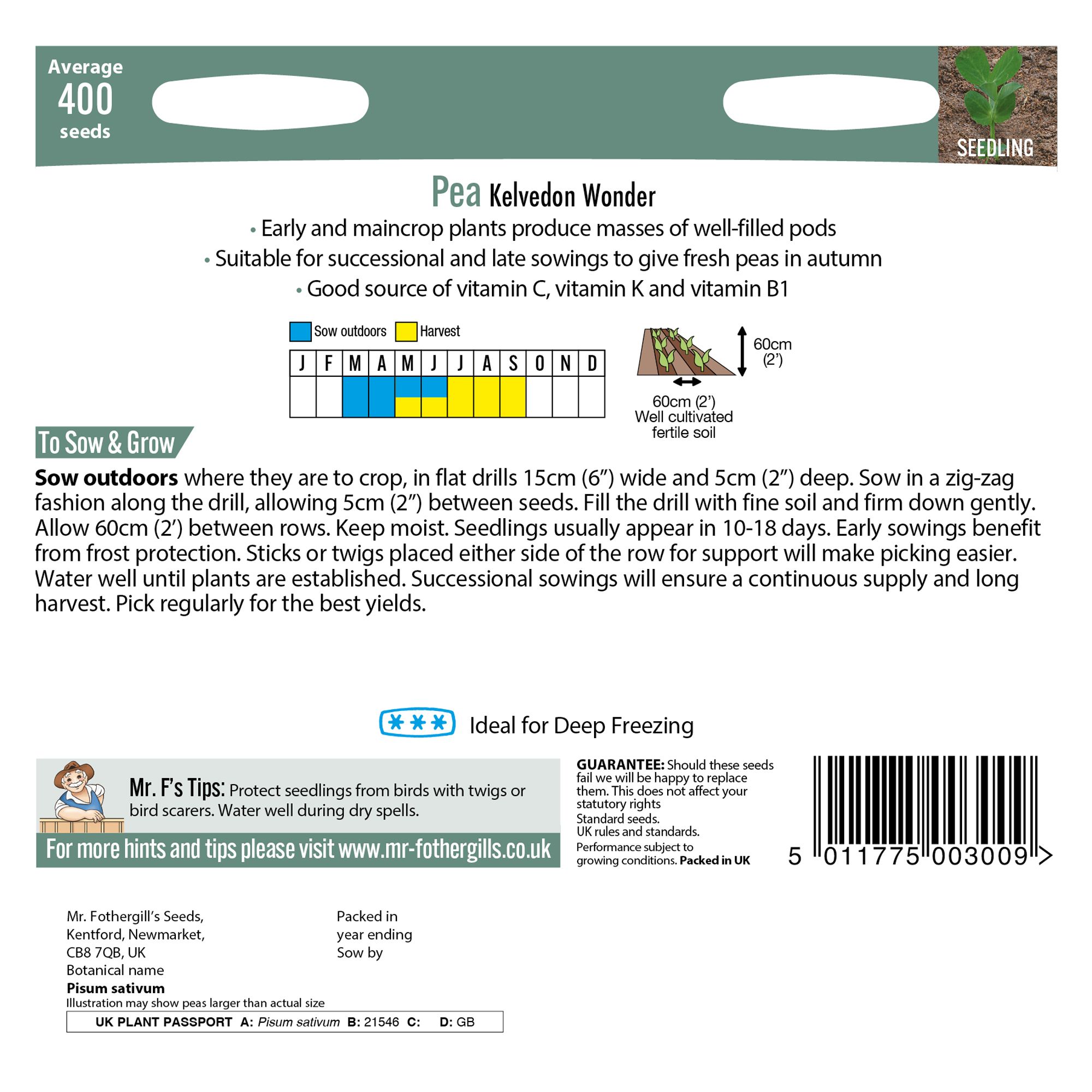 Mr Fothergills Pea 'Kelvedon Wonder' Vegetable Seeds