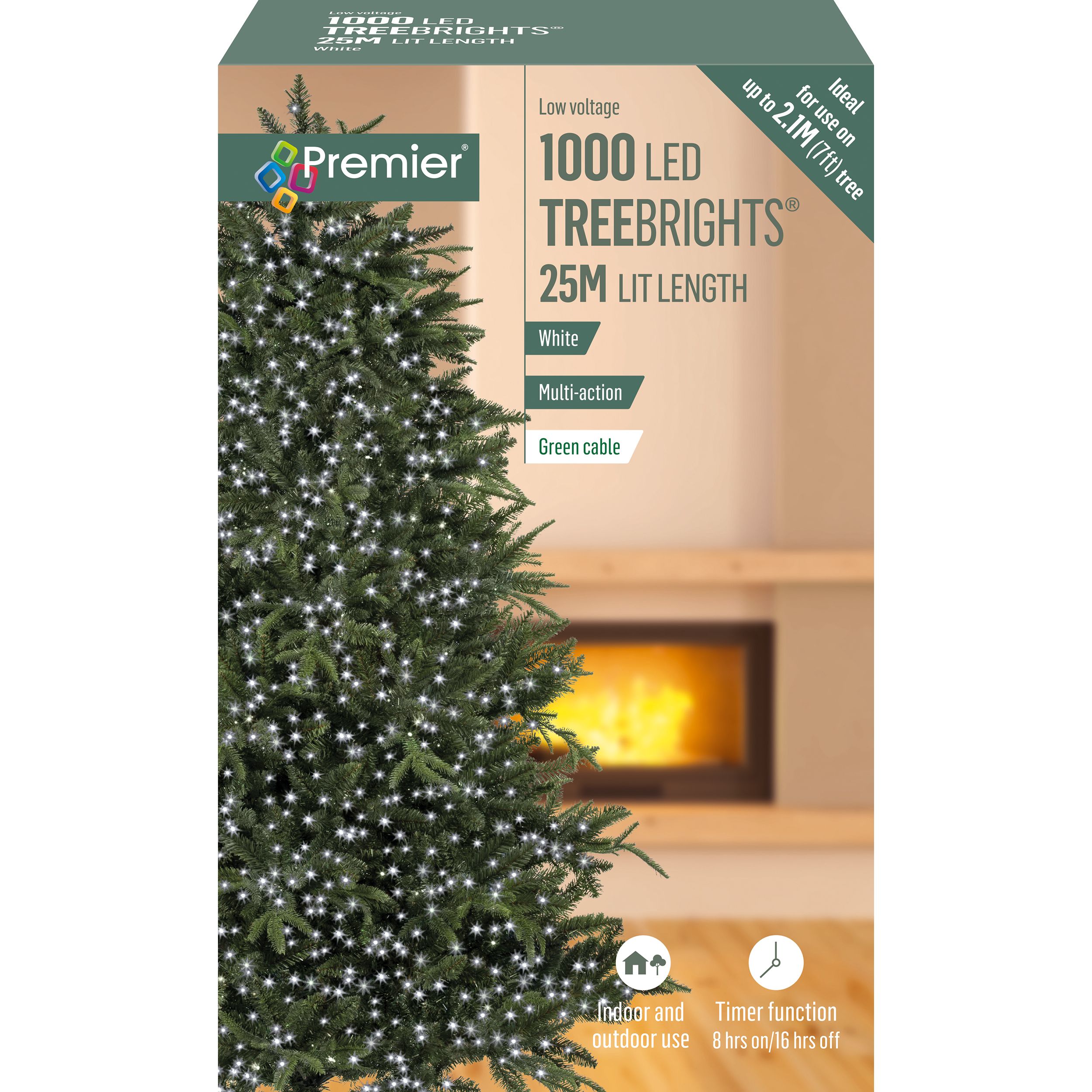 Multi-action 1000 White Treebrights LED With timer function String lights with 5m Green cable ...