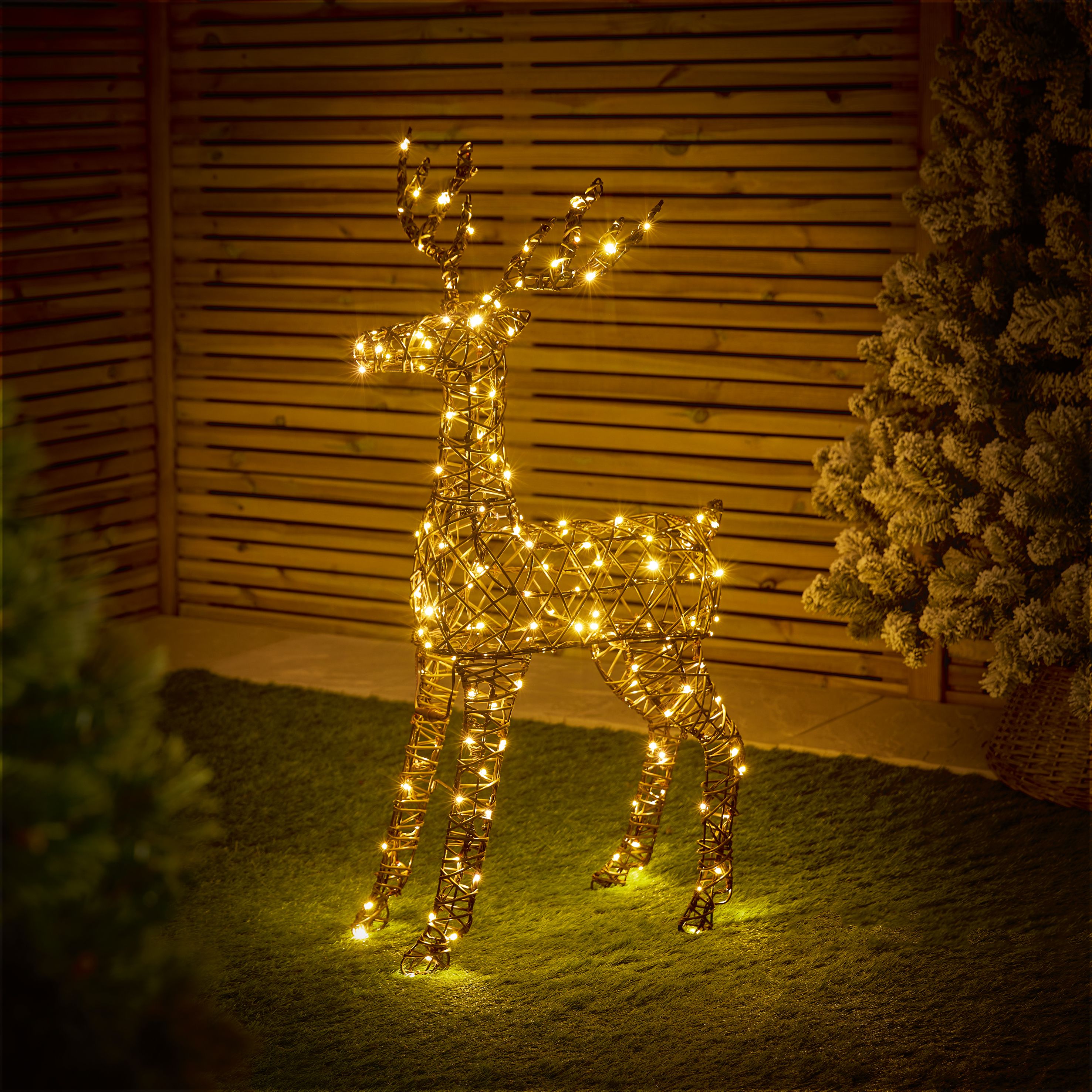 Multi White LED Rattan Stag Freestanding Silhouette (H) 1100mm