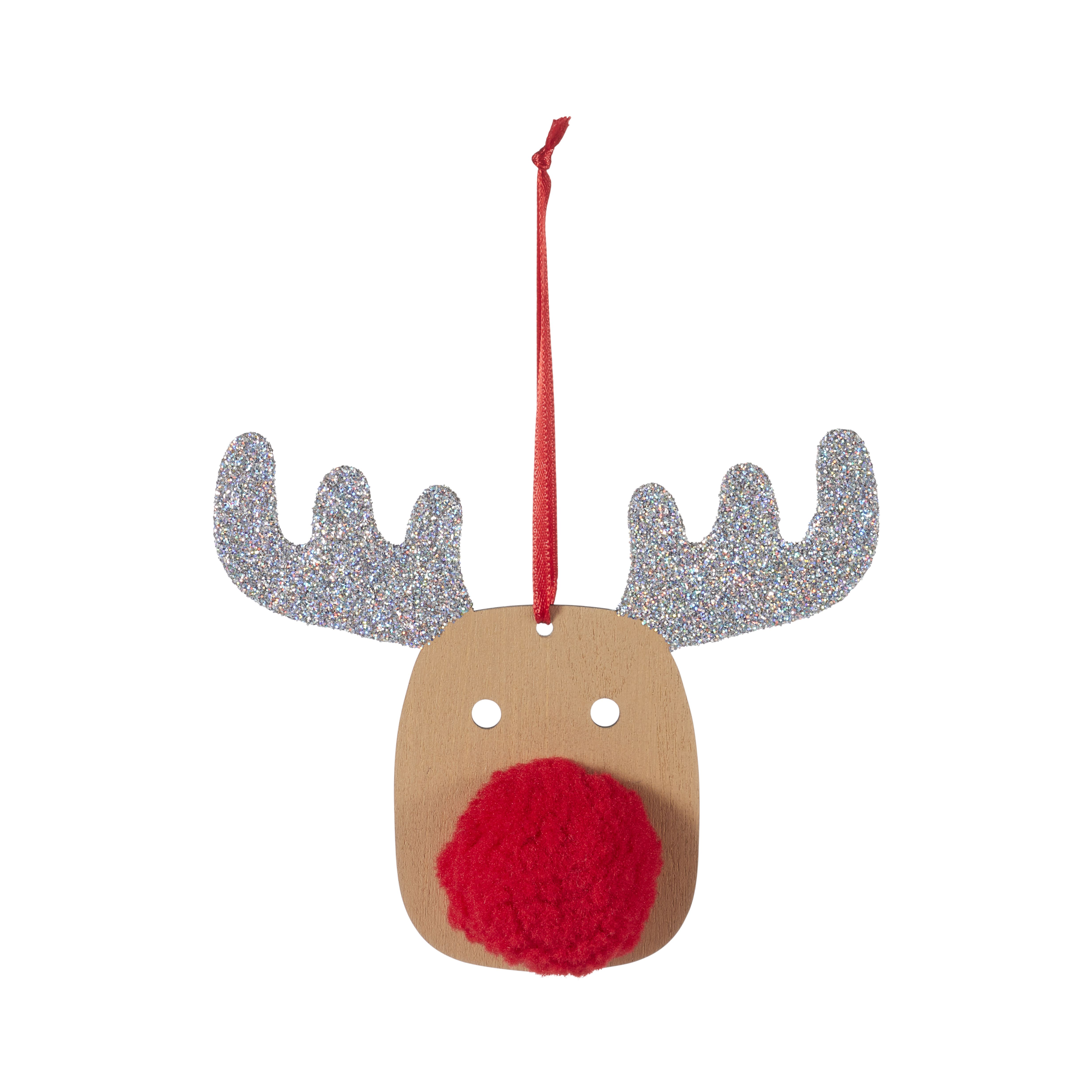 Multicolour Glitter effect Wood Rudolf Hanging ornament | DIY at B&Q