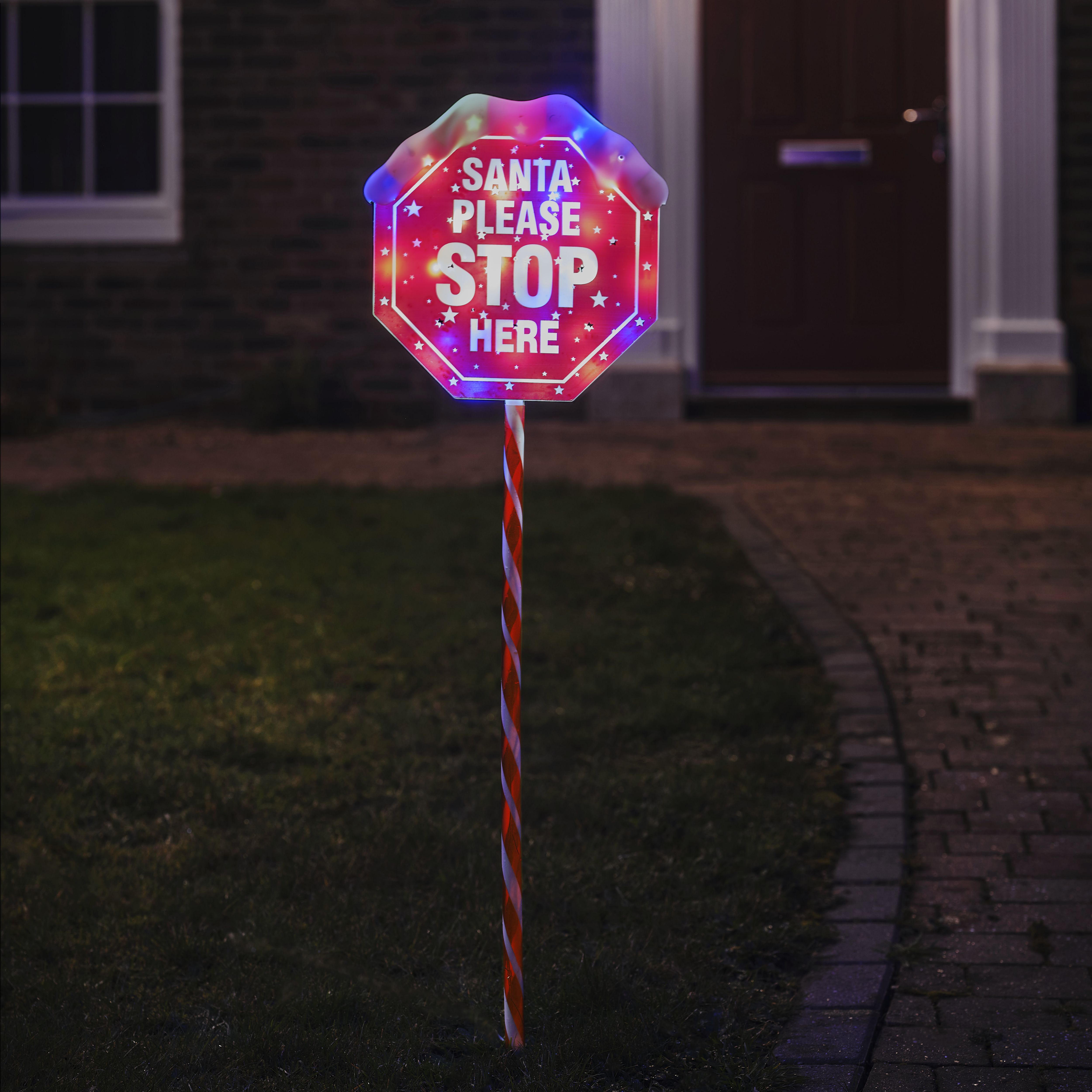 Multicolour LED Red & white Santa Stop Here Sign Freestanding ...