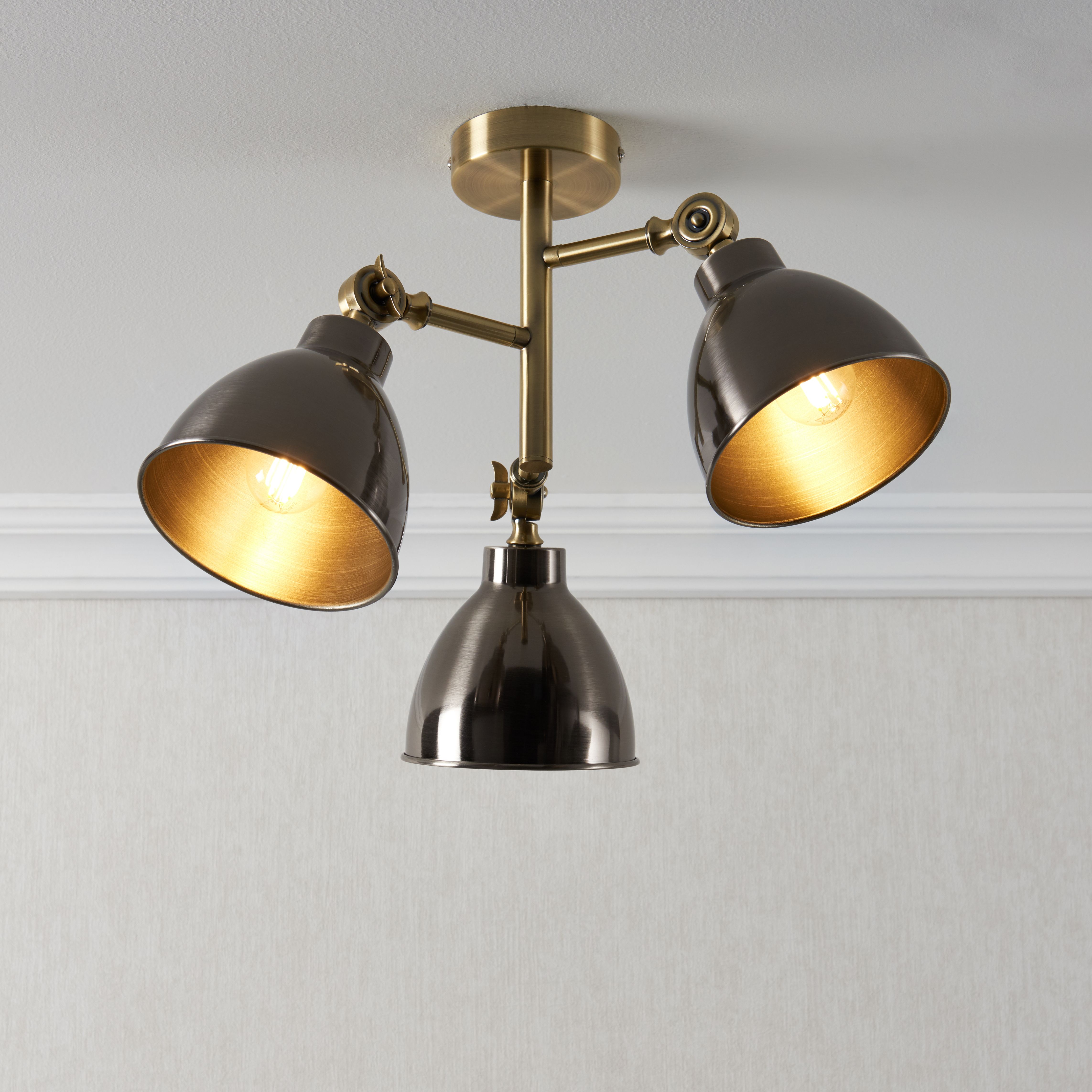 Nobo Matt Steel Pewter & antique brass 3 Lamp Ceiling light | DIY at B&Q