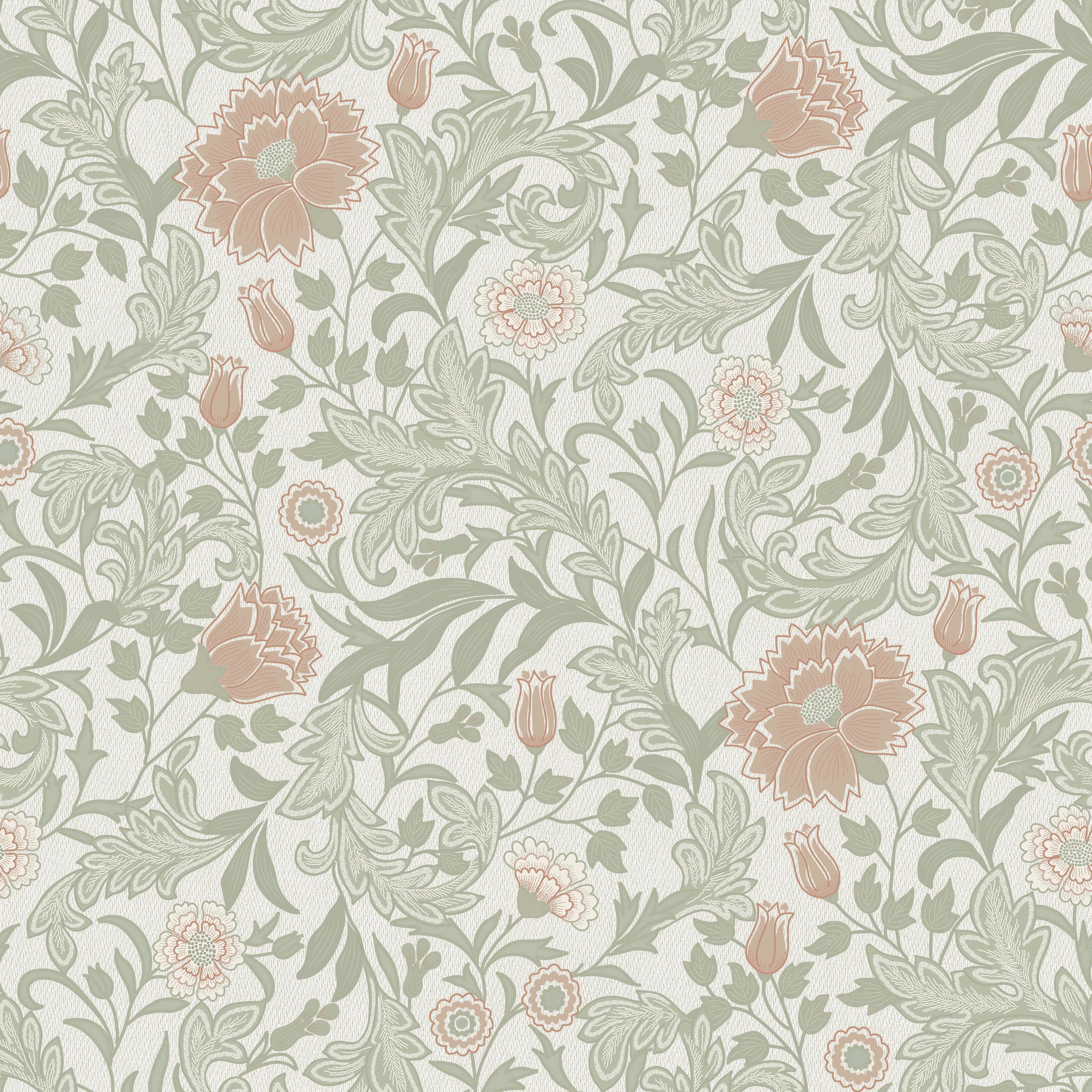 Opus Sage & Pink Bilbury Floral Patterned Embossed Wallpaper