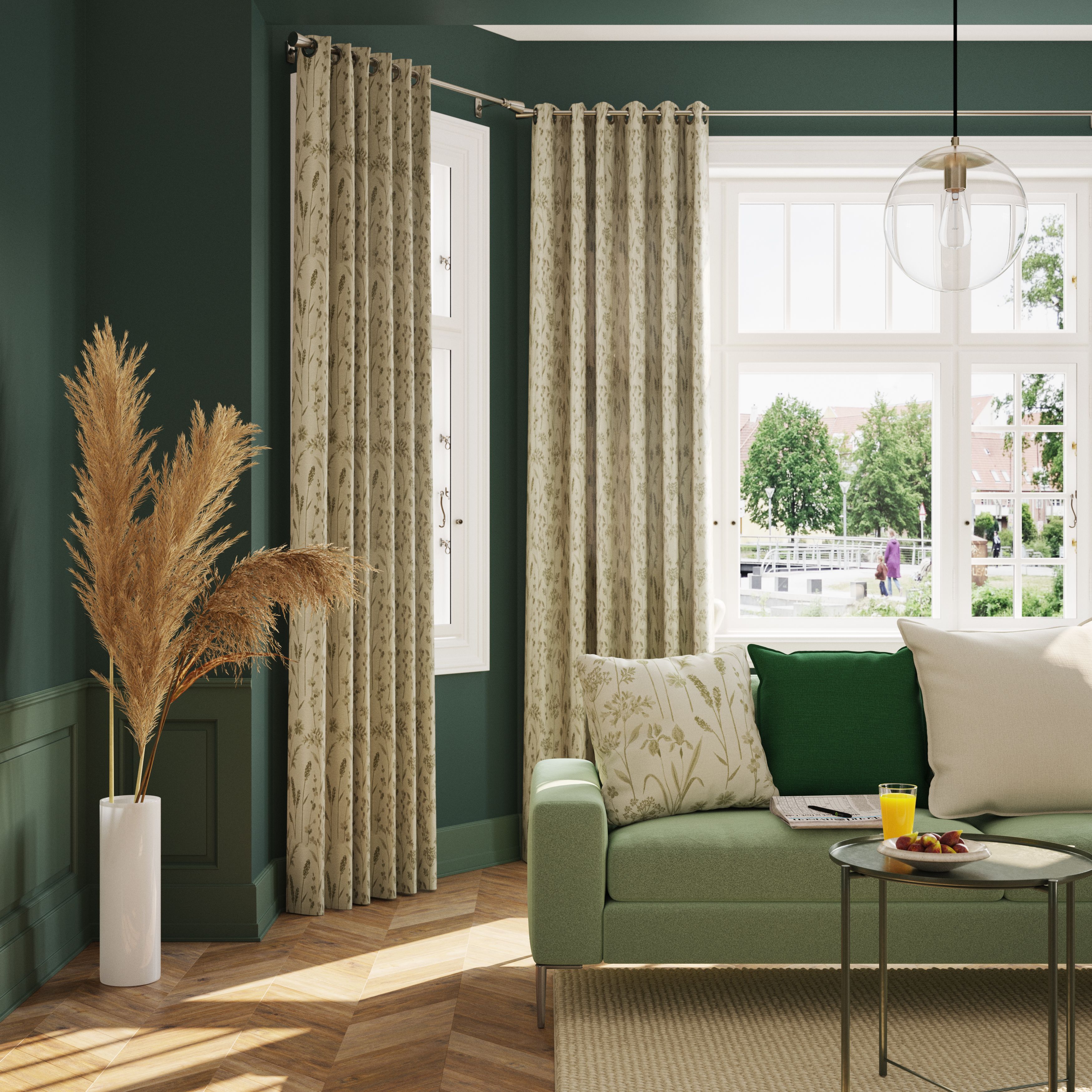 OTEMA LIGHT GREEN HERBARIUM LINED EYELET CURTAIN (W)228CM (L)228CM, PAIR
