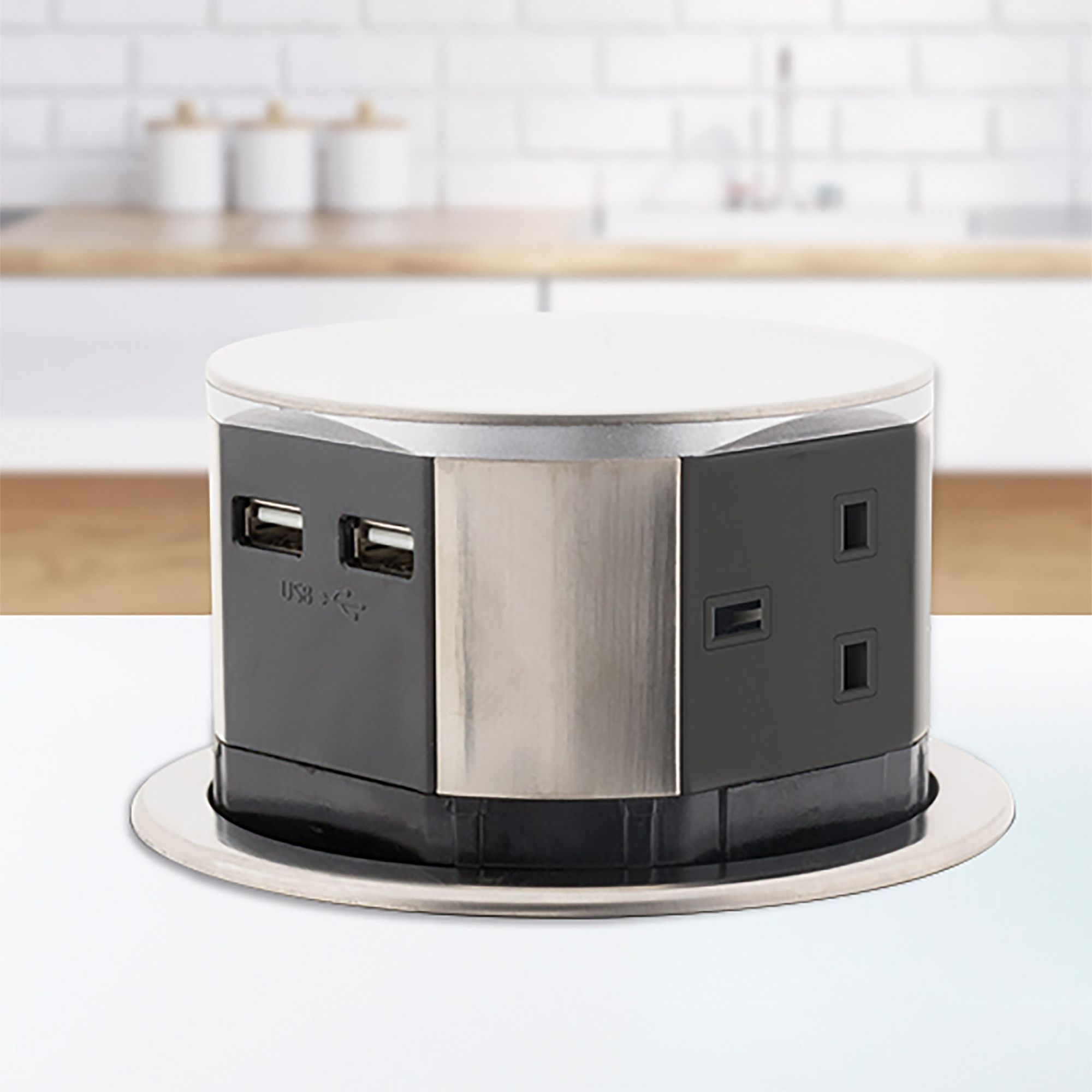 Otio 13A Chrome effect Plastic Inset desktop socket with USB