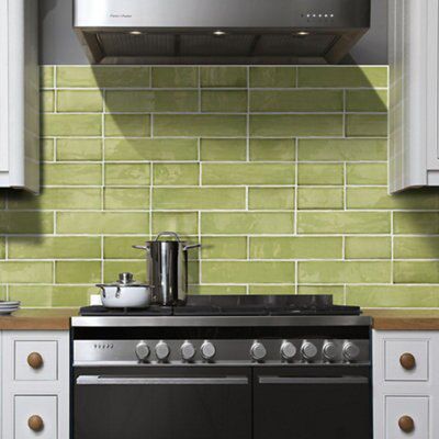 Padstow Olive Gloss Plain Ceramic Tile, Pack of 44, (L)150mm (W)75mm ...