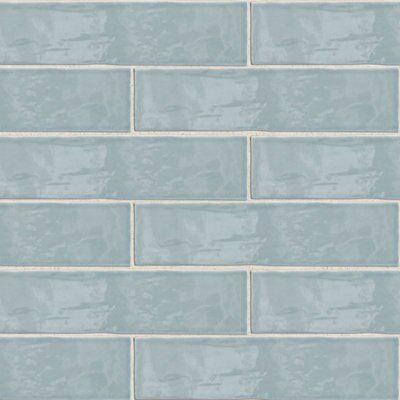 Padstow Sky blue Gloss Plain Stone effect Ceramic Tile, Pack of 22, (L ...