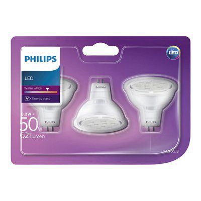 Philips GU5.3 8W 621lm Reflector Warm white LED Light bulb, Pack of 3