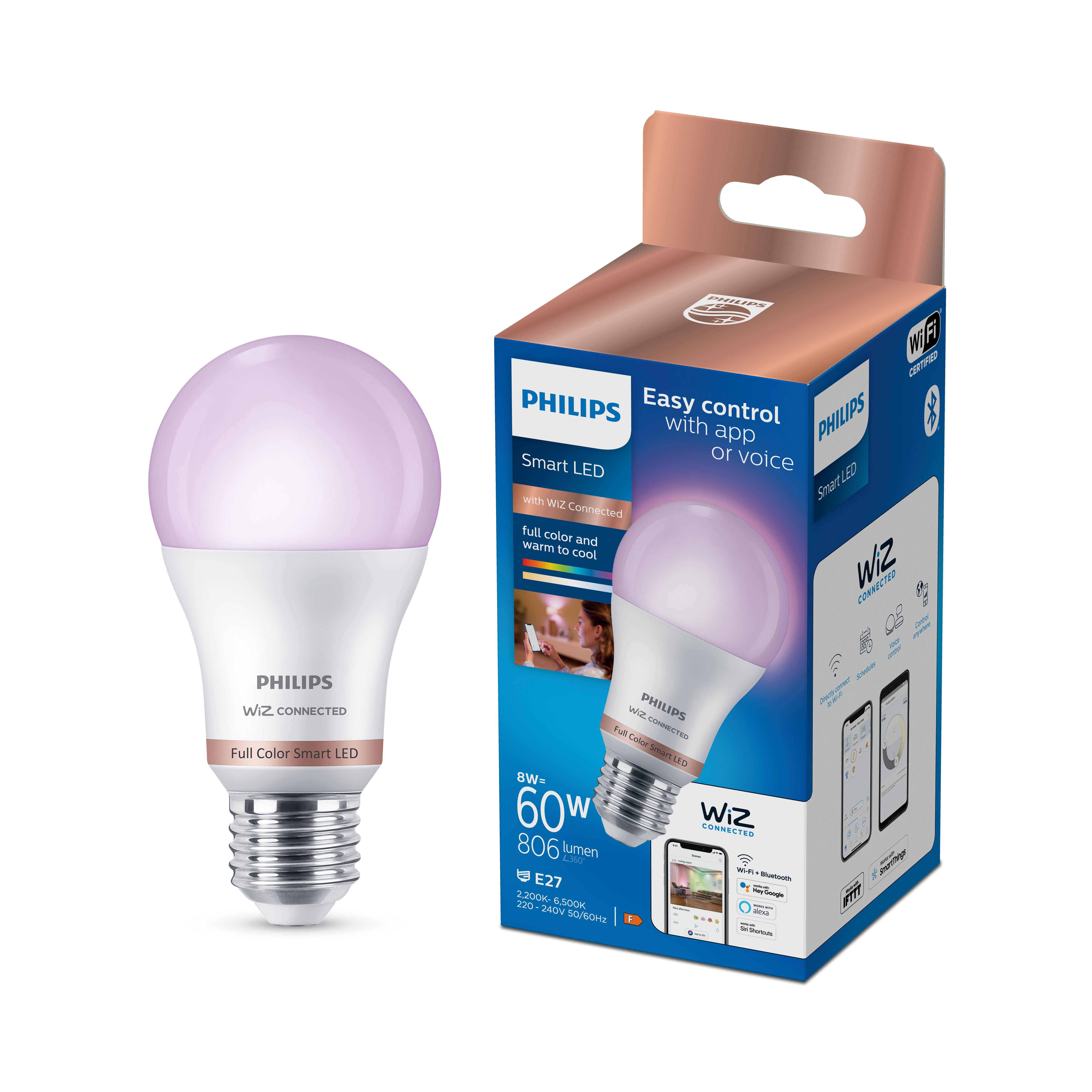 Philips WiZ E27 60W LED Cool white, RGB & warm white A60 Dimmable Light ...