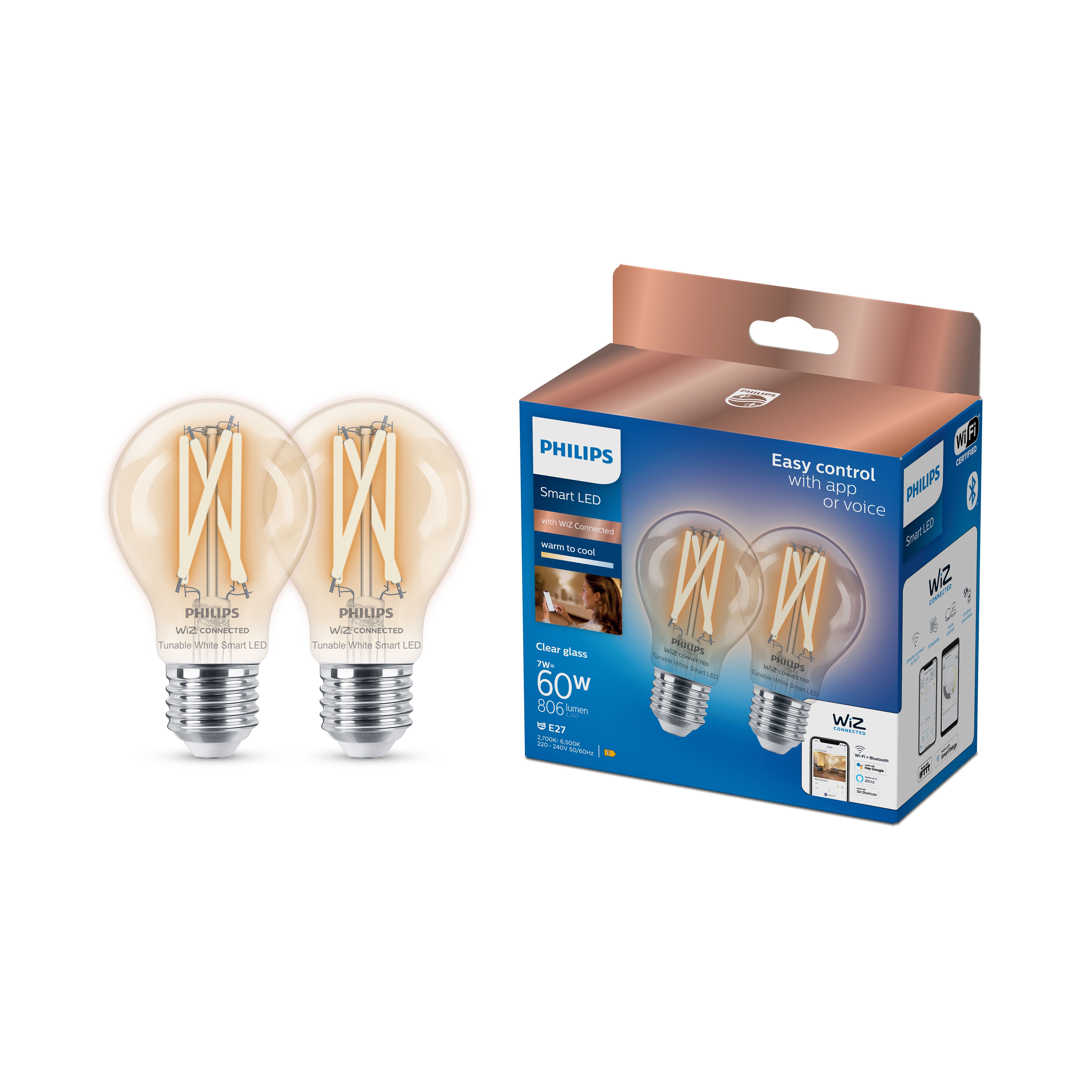 Philips WiZ E27 60W LED Cool white & warm white A60 Non-dimmable Light bulb Pack of 2 | DIY at B&Q