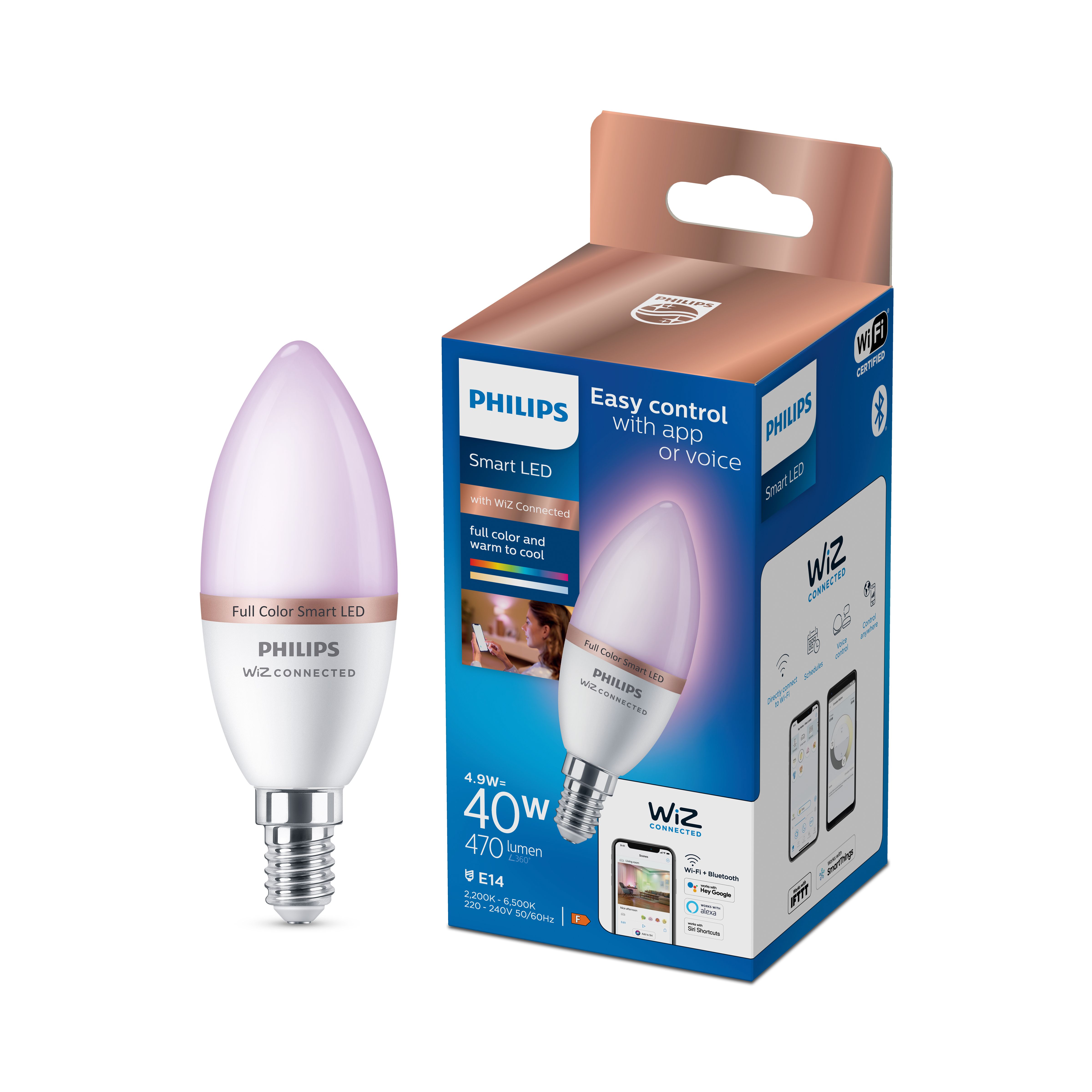 Philips WiZ SES 40W LED Cool white, RGB & warm white Candle Dimmable ...