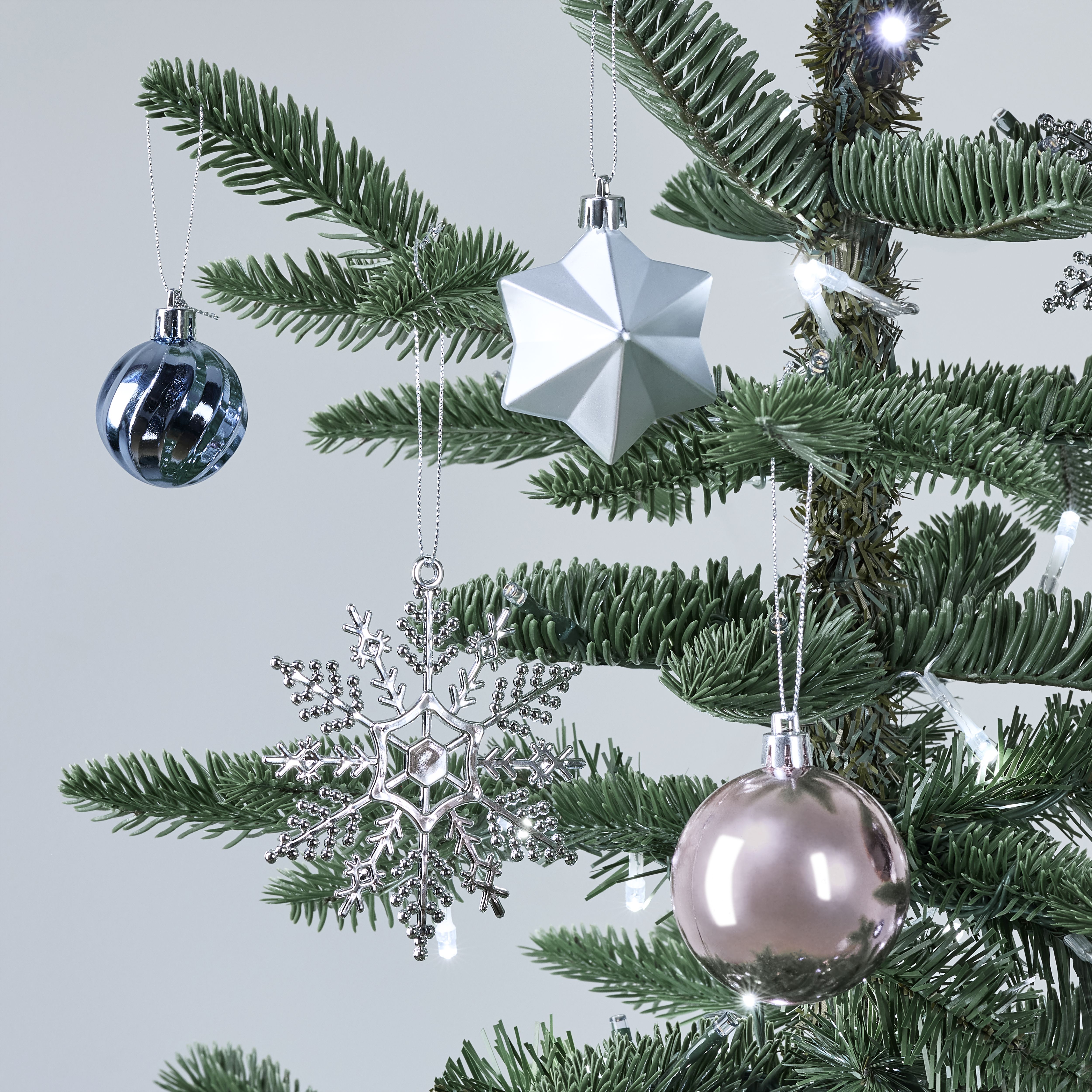 Plastic Christmas bauble set, Pack of 50 - Pink, Blue & Silver