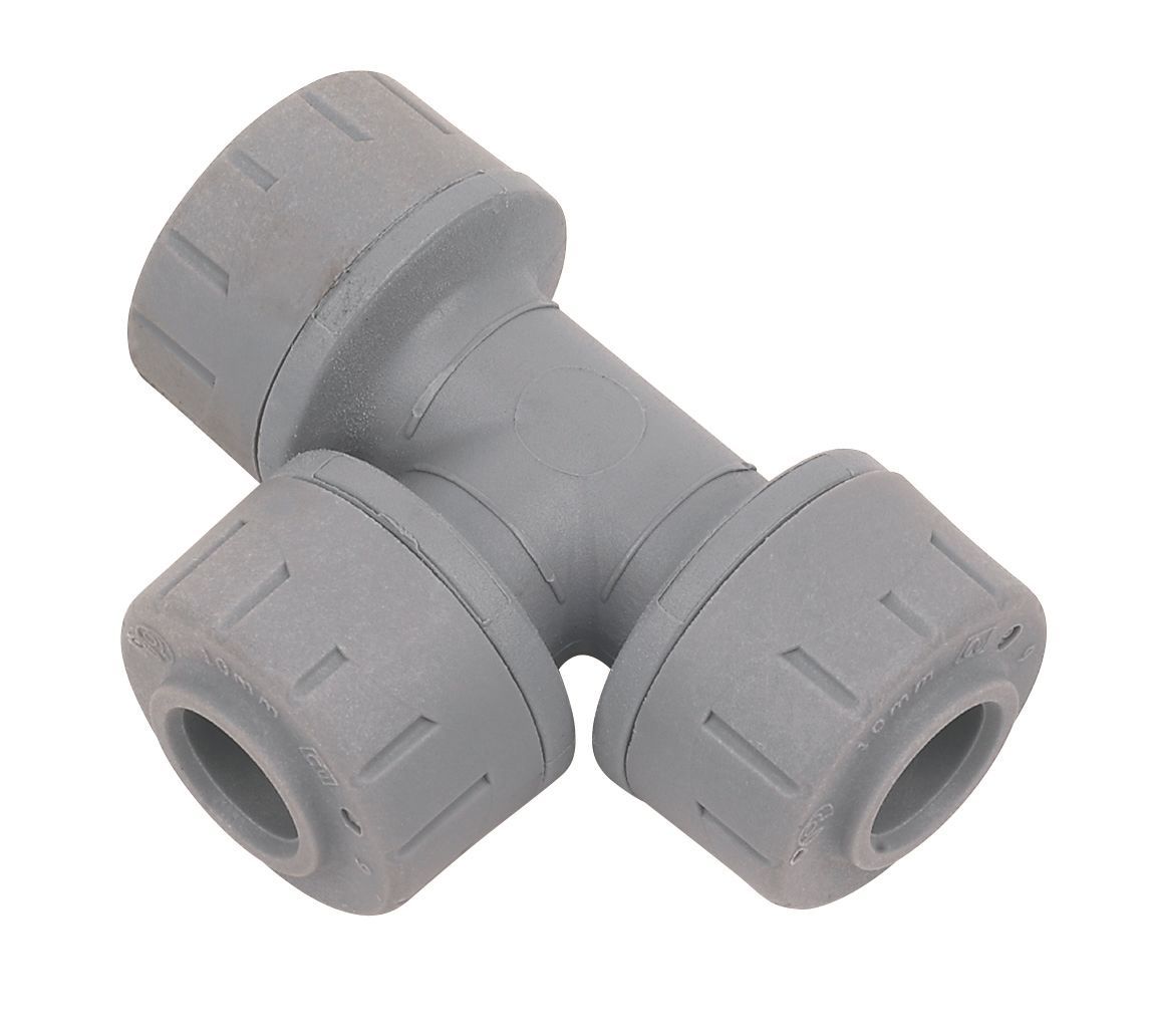 PolyPlumb Grey Push-fit Equal Pipe tee (Dia)10mm x 10mm x 10mm | DIY at B&Q