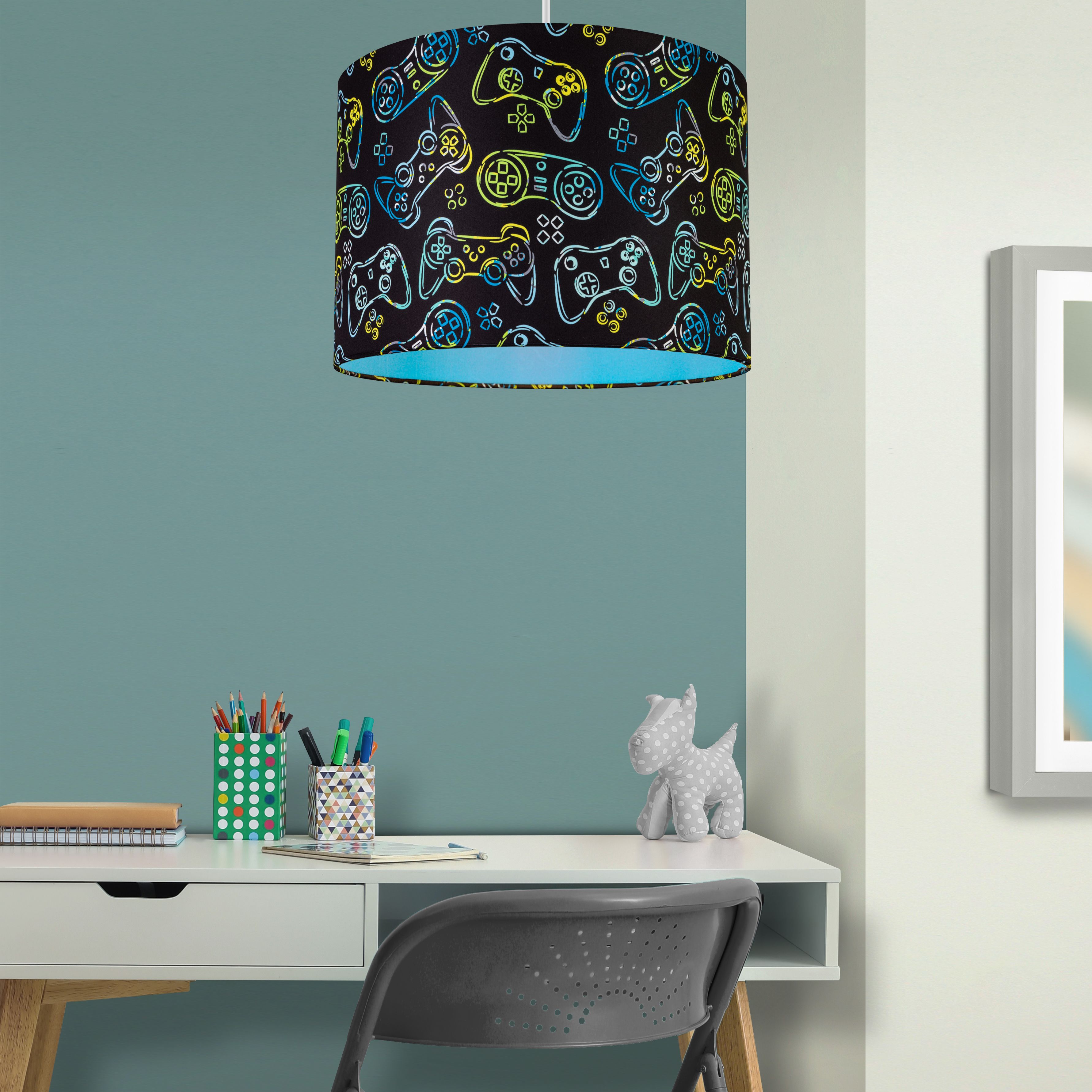 Printed Black & Blue Gamer Cylinder Lamp shade (D)30cm