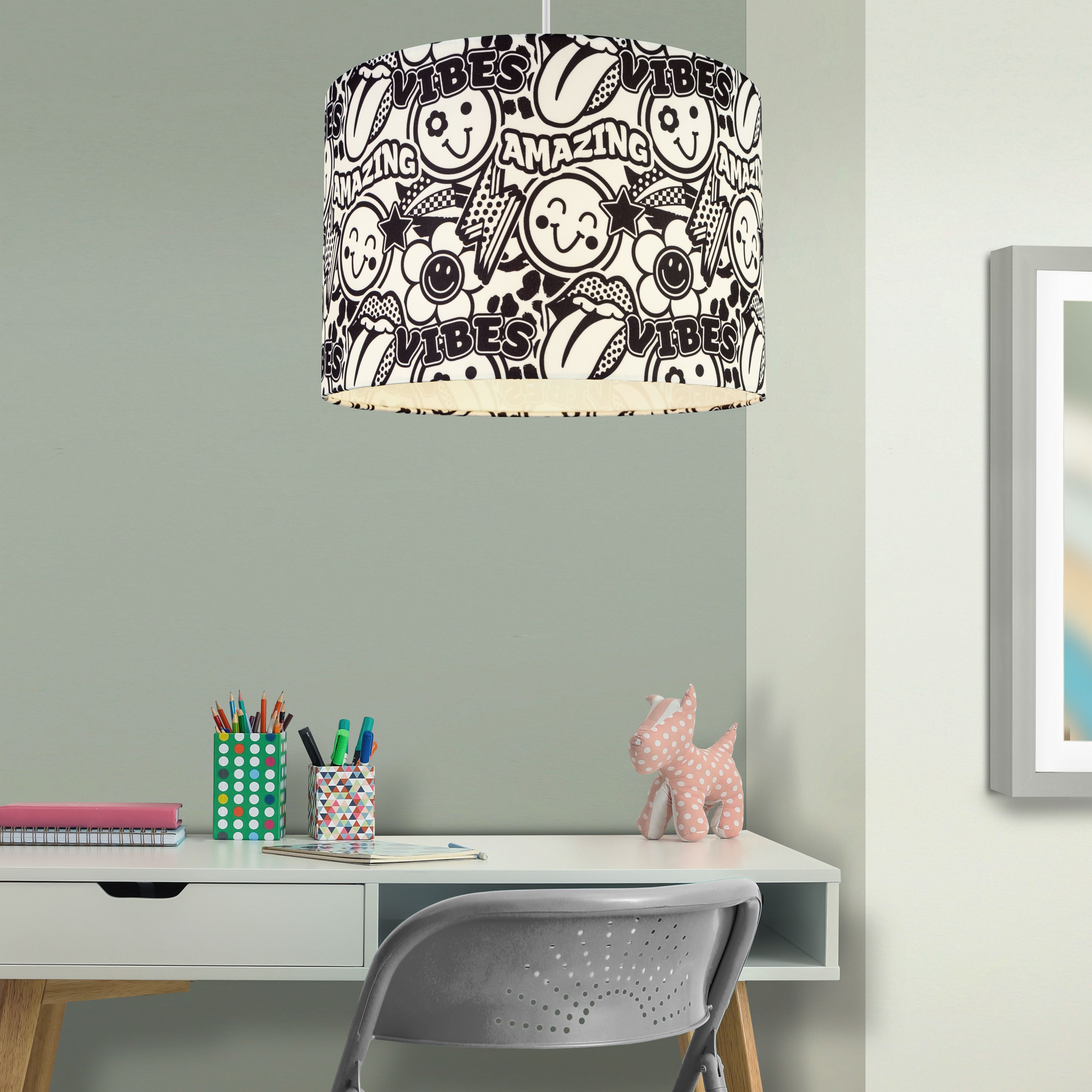 Printed Black & White Smiley face doodle Cylinder Lamp shade (D)30cm