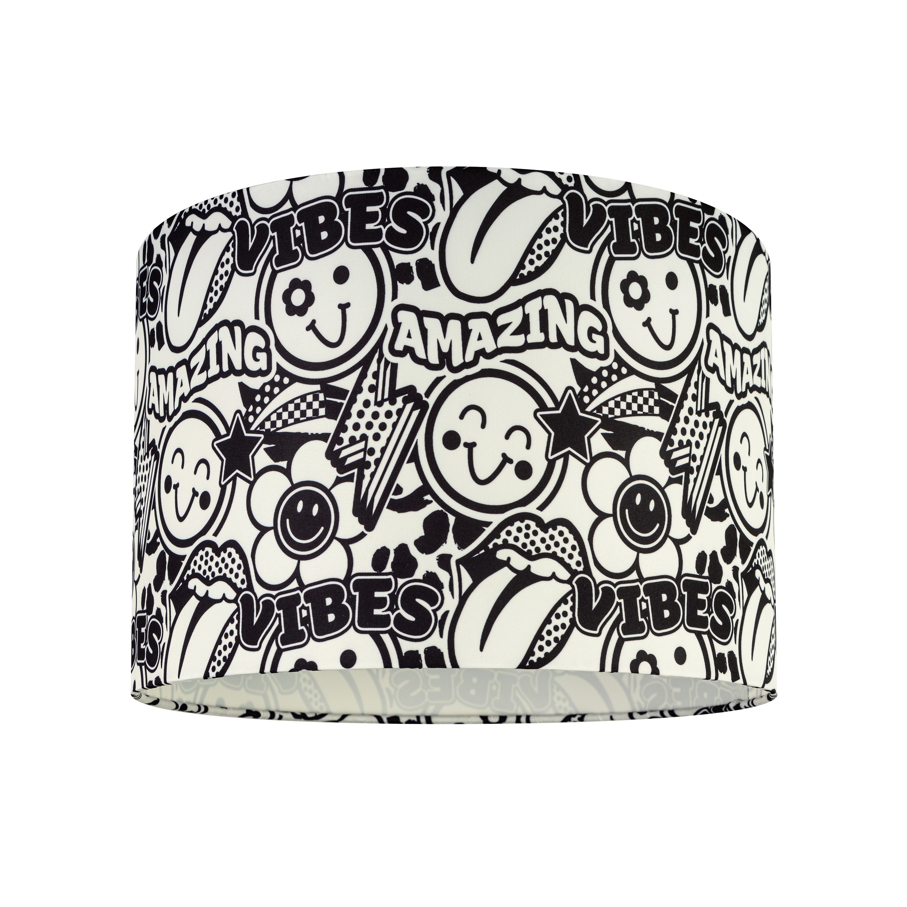 Printed Black & White Smiley face doodle Cylinder Lamp shade (D)30cm