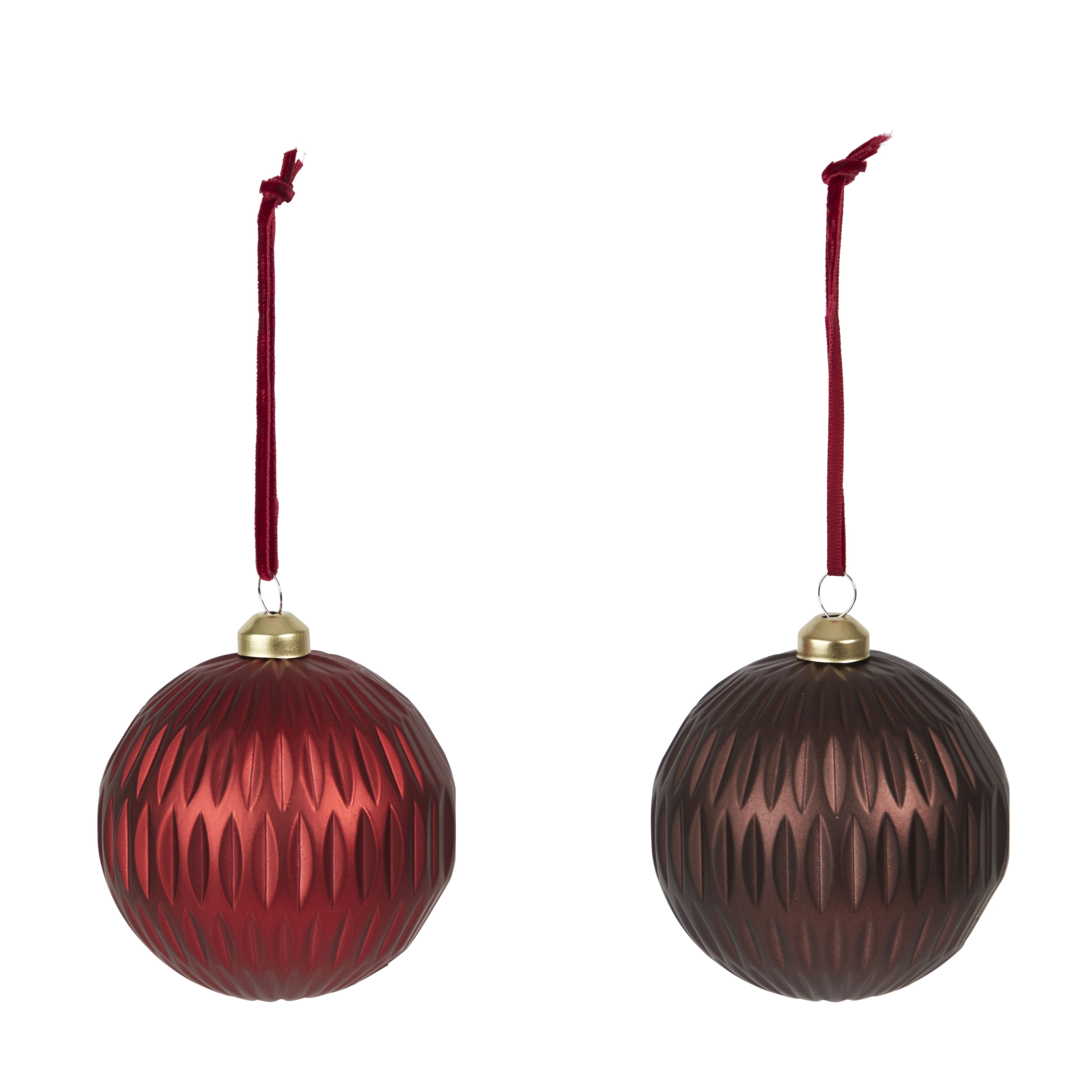 Red Plastic Ribbed Bauble, Set of 2