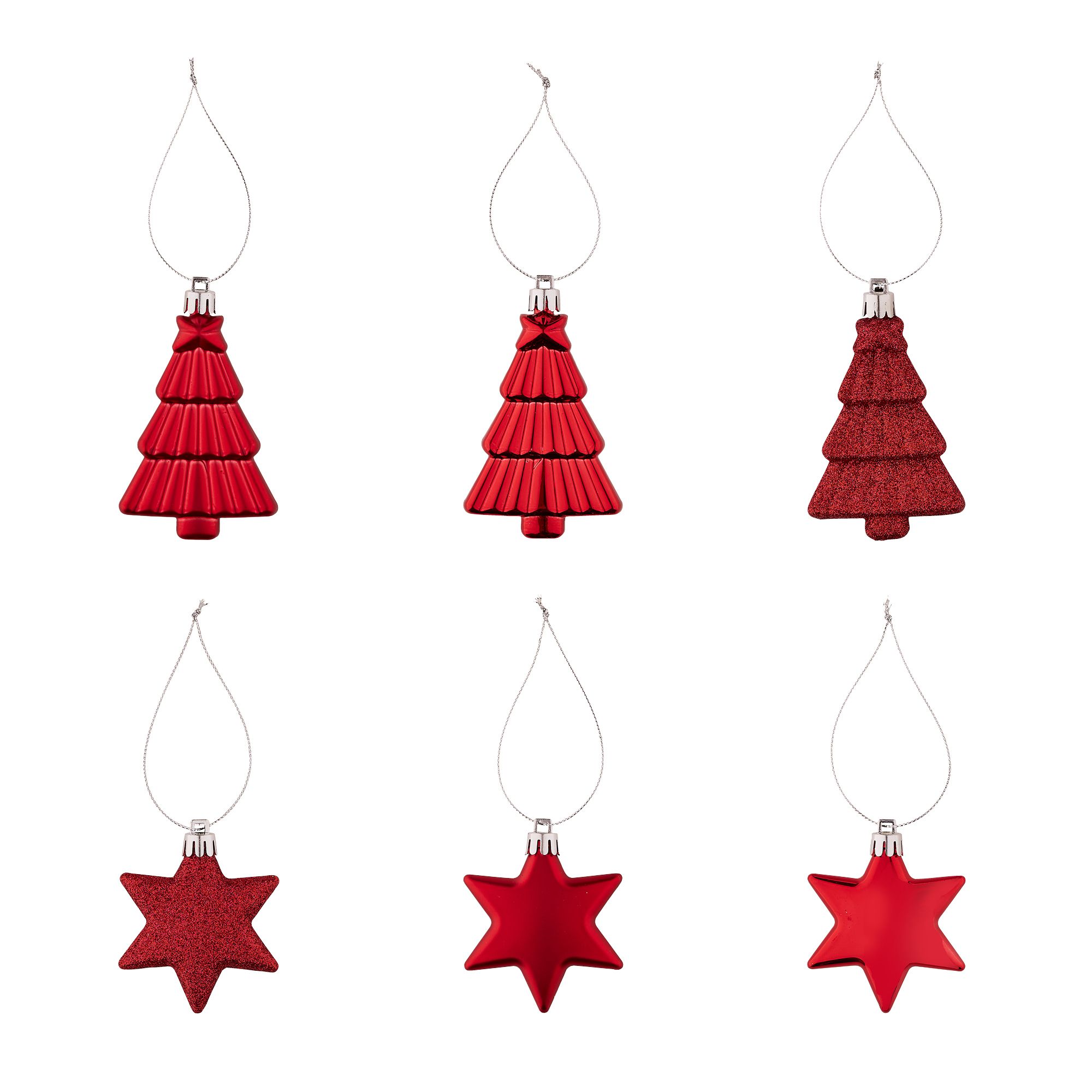 Red Plastic Star & tree Hanging decoration set, Set of 12