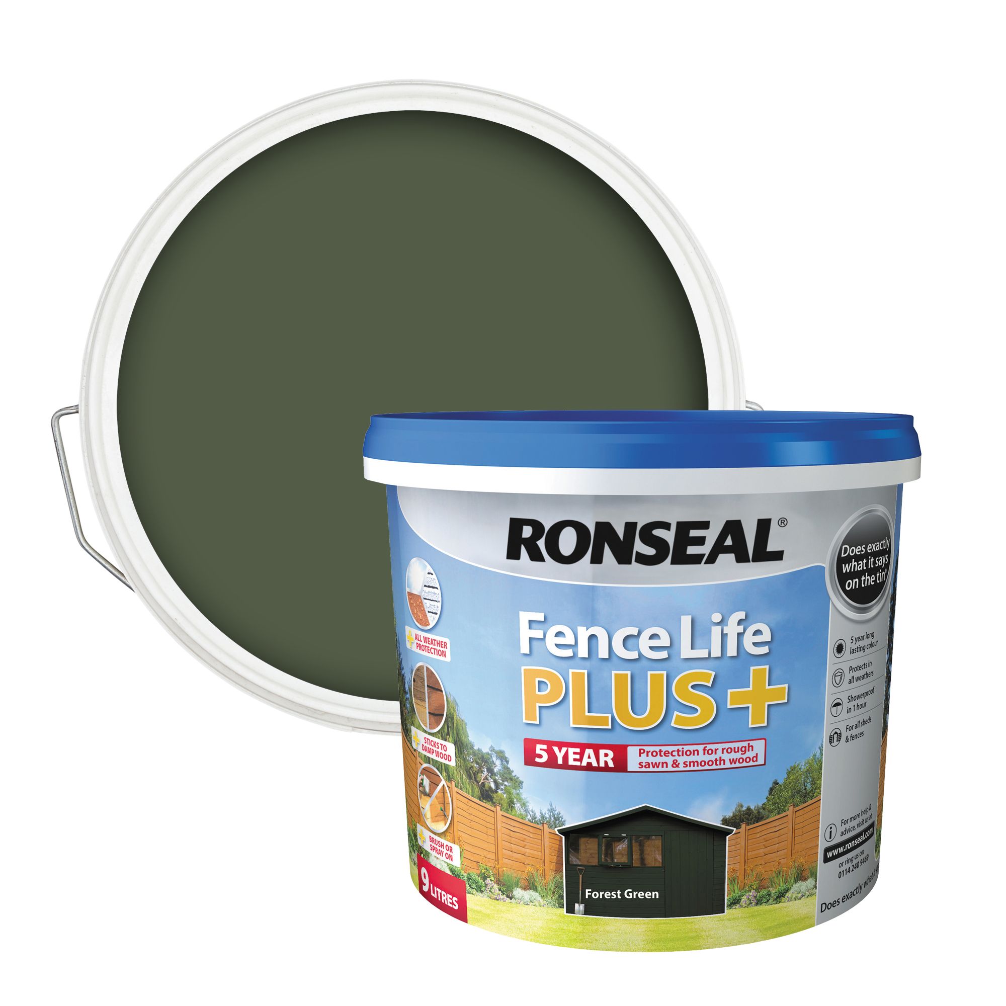Ronseal 5 Year Fence Life+ Shed & Fence Protector Forest green Matt ...