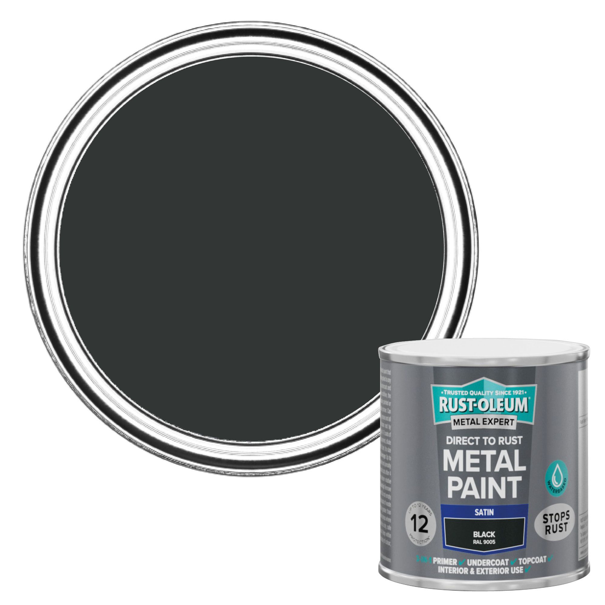 Rust-Oleum Metal Expert Black Satin Topcoat Paint, 250ml Tin