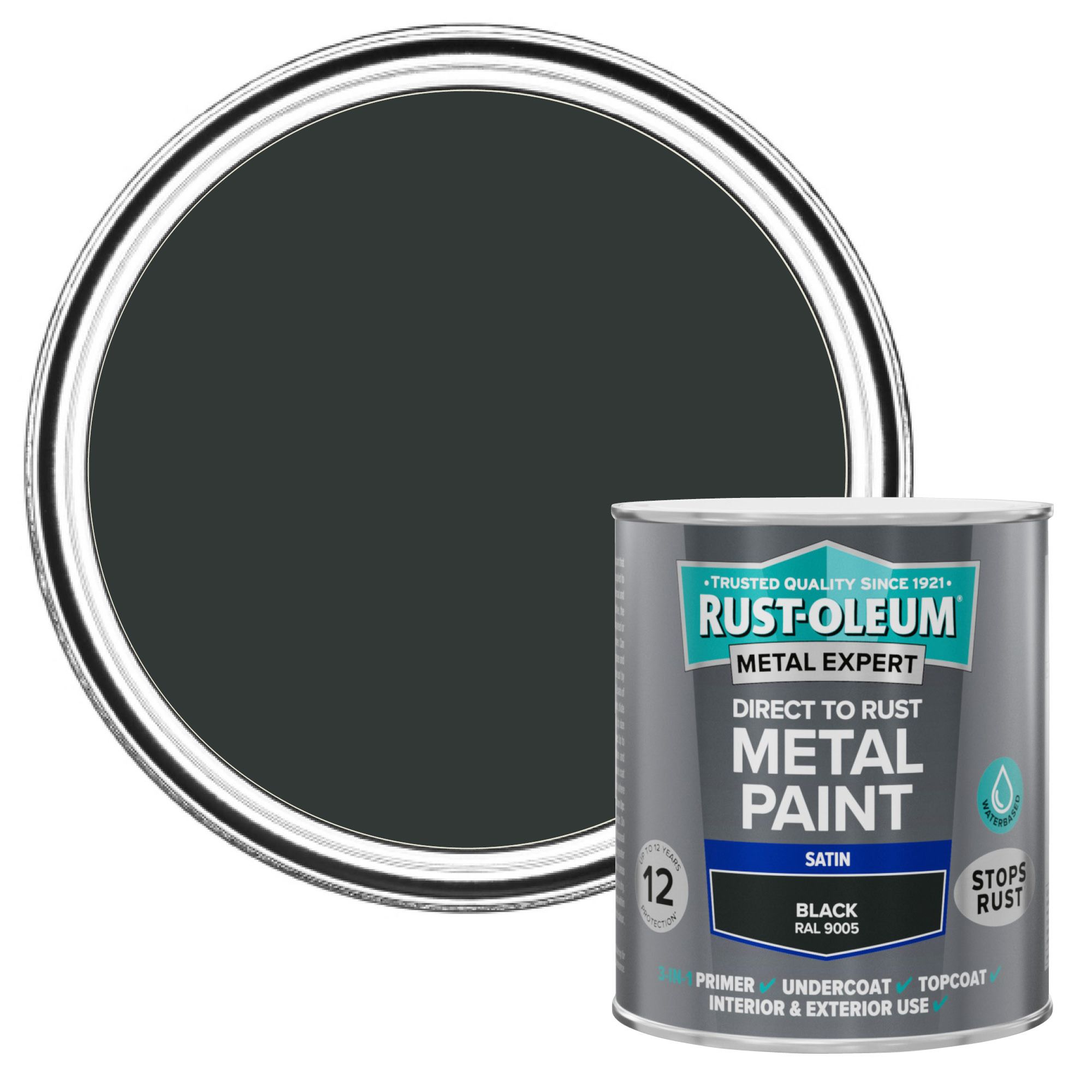 Rust-Oleum Metal Expert Black Satin Topcoat Paint, 750ml Tin