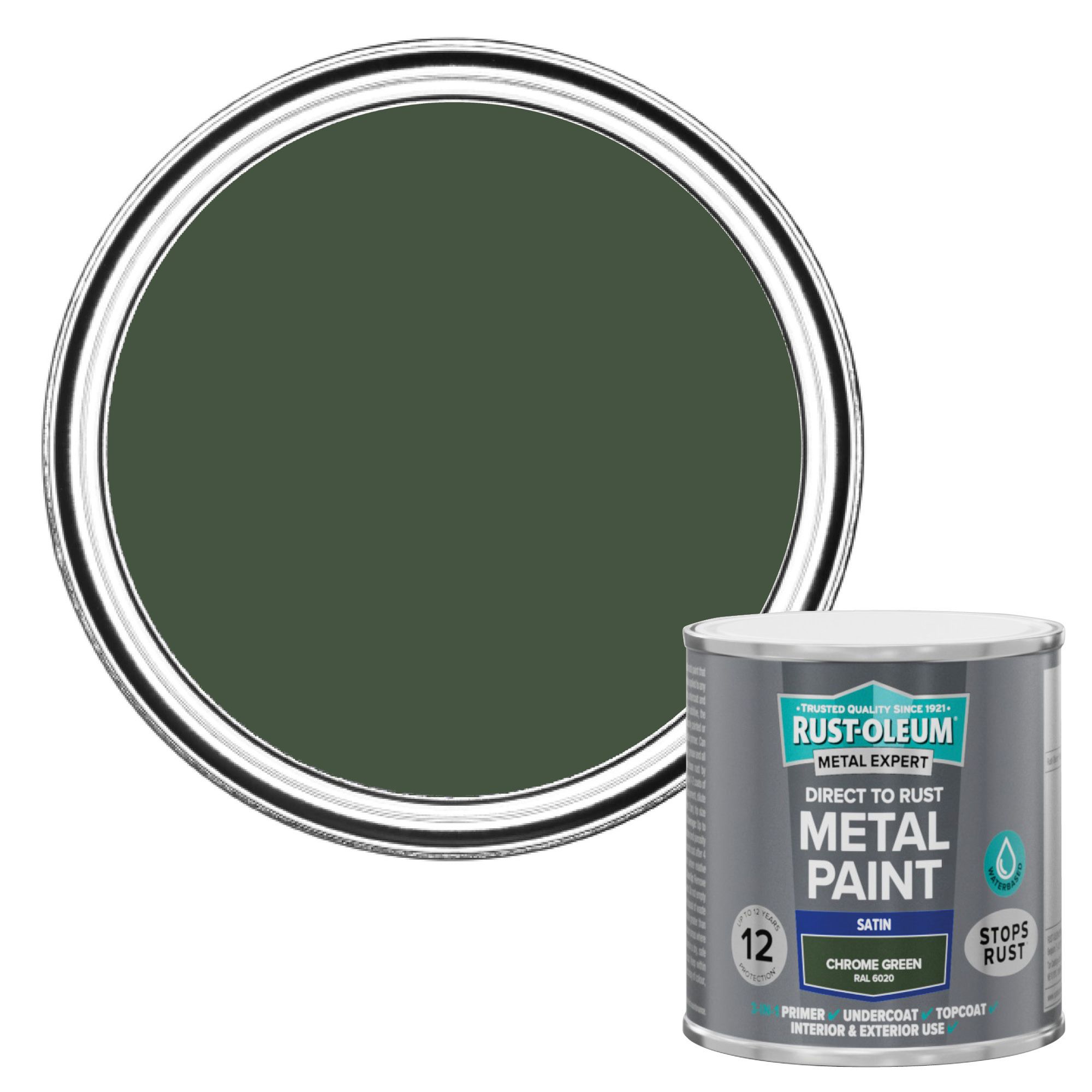 Rust-Oleum Metal Expert Chrome Green Satin Topcoat Paint, 250ml Tin