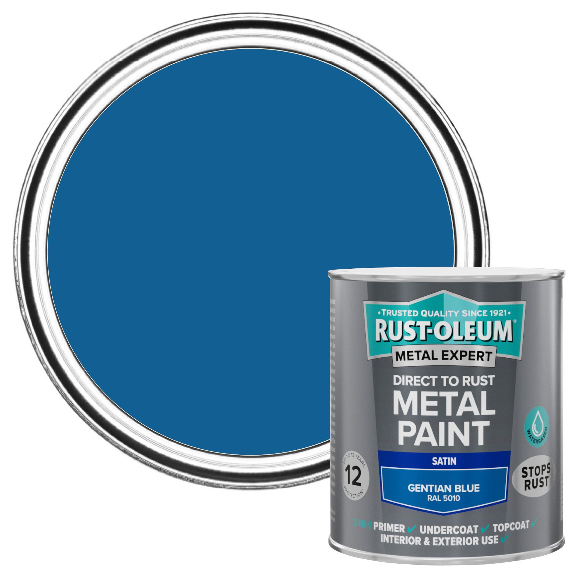 Rust-Oleum Metal Expert Gentian Blue Satin Topcoat Paint, 750ml Tin