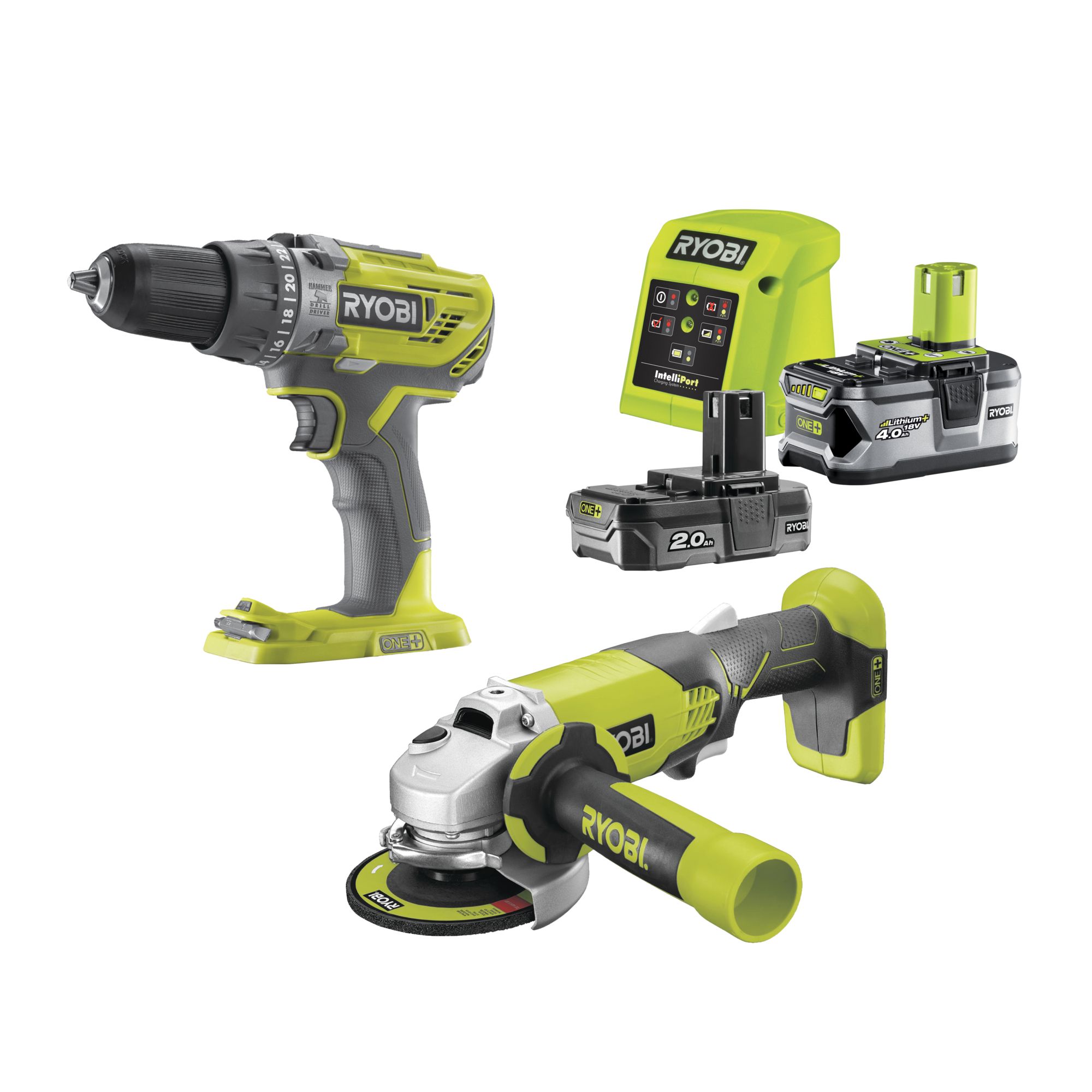 Ryobi 18V Li-ion One+ Brushed Cordless Combi drill & angle grinder (2 x ...