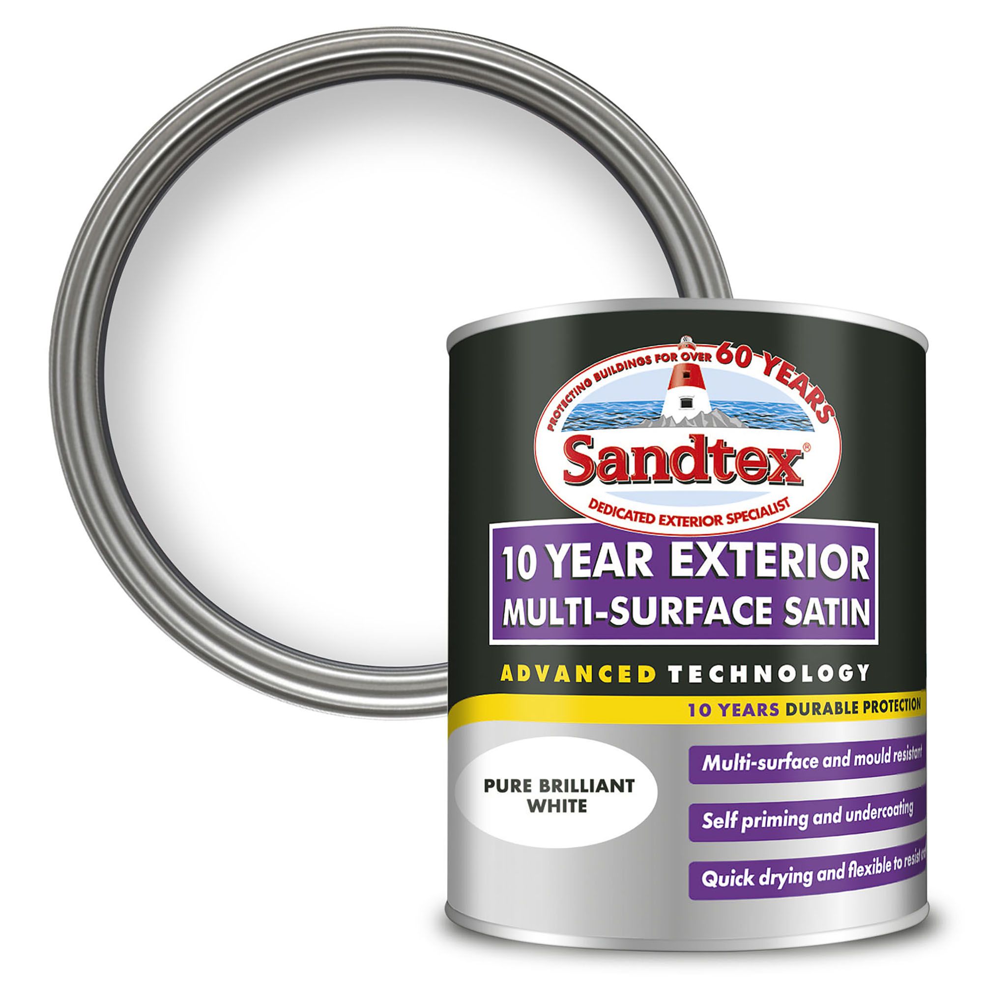 Sandtex 10 Year Pure Brilliant White Satin Multi-surface paint, 750ml