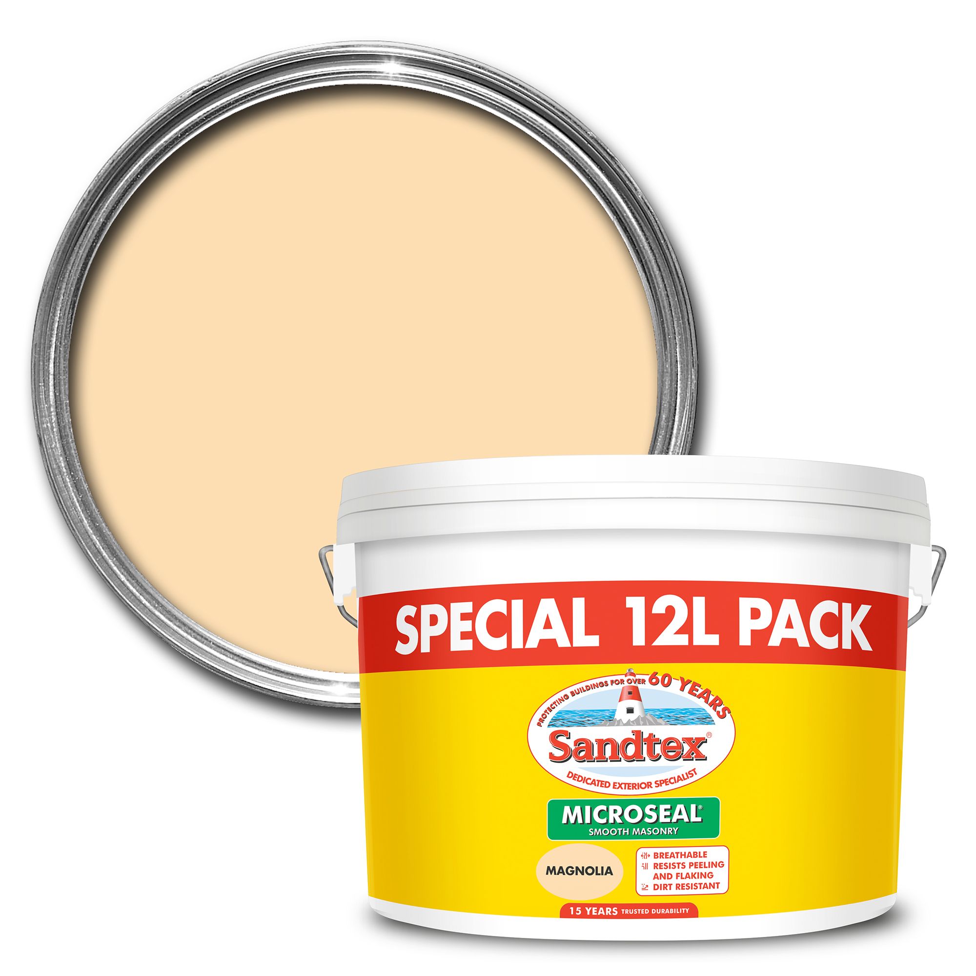 Sandtex Magnolia Smooth Soft sheen Cream Masonry paint, 12L Tub | DIY ...