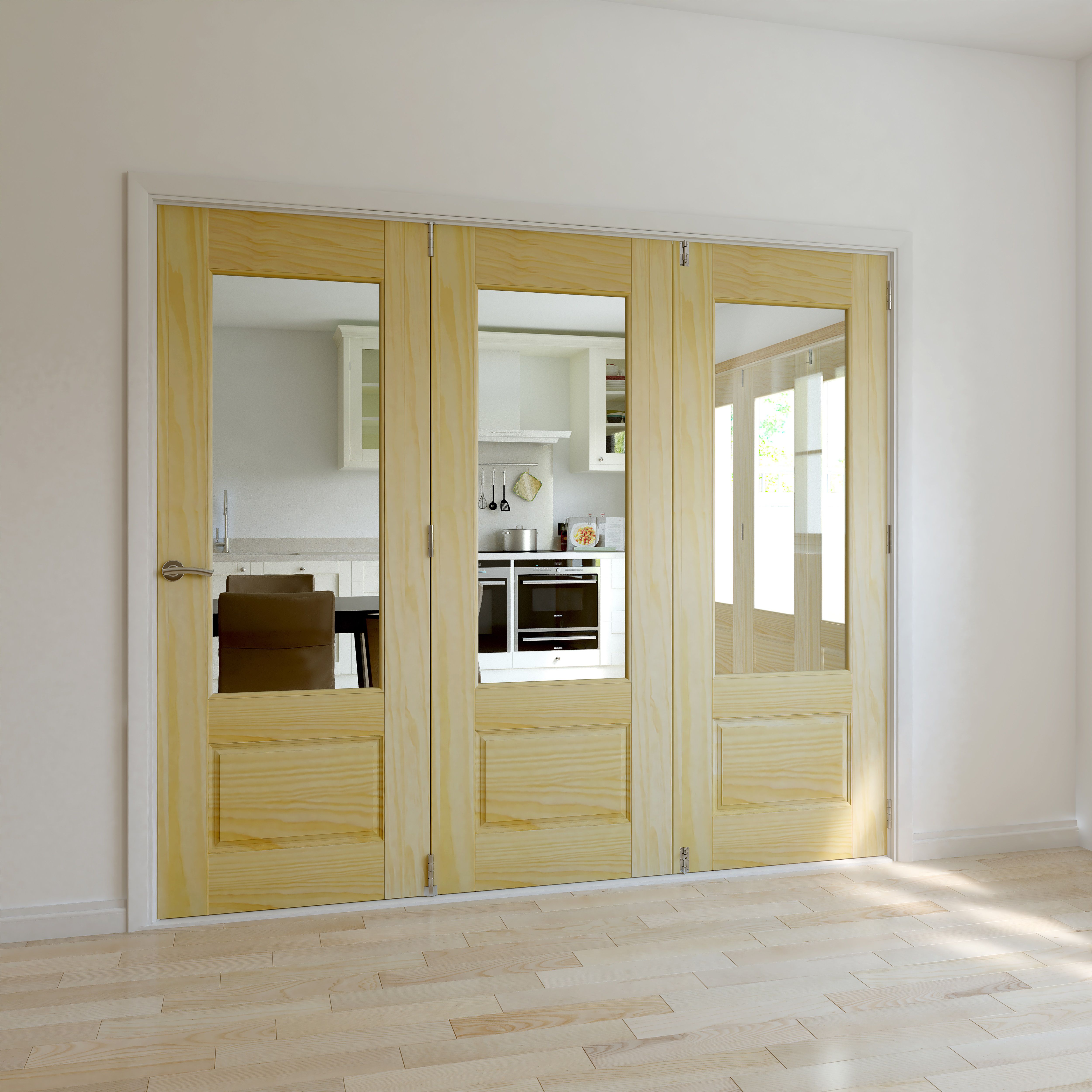 Severn 3 panel 1 Lite Glazed Clear pine Internal Tri-fold Door set, (H ...