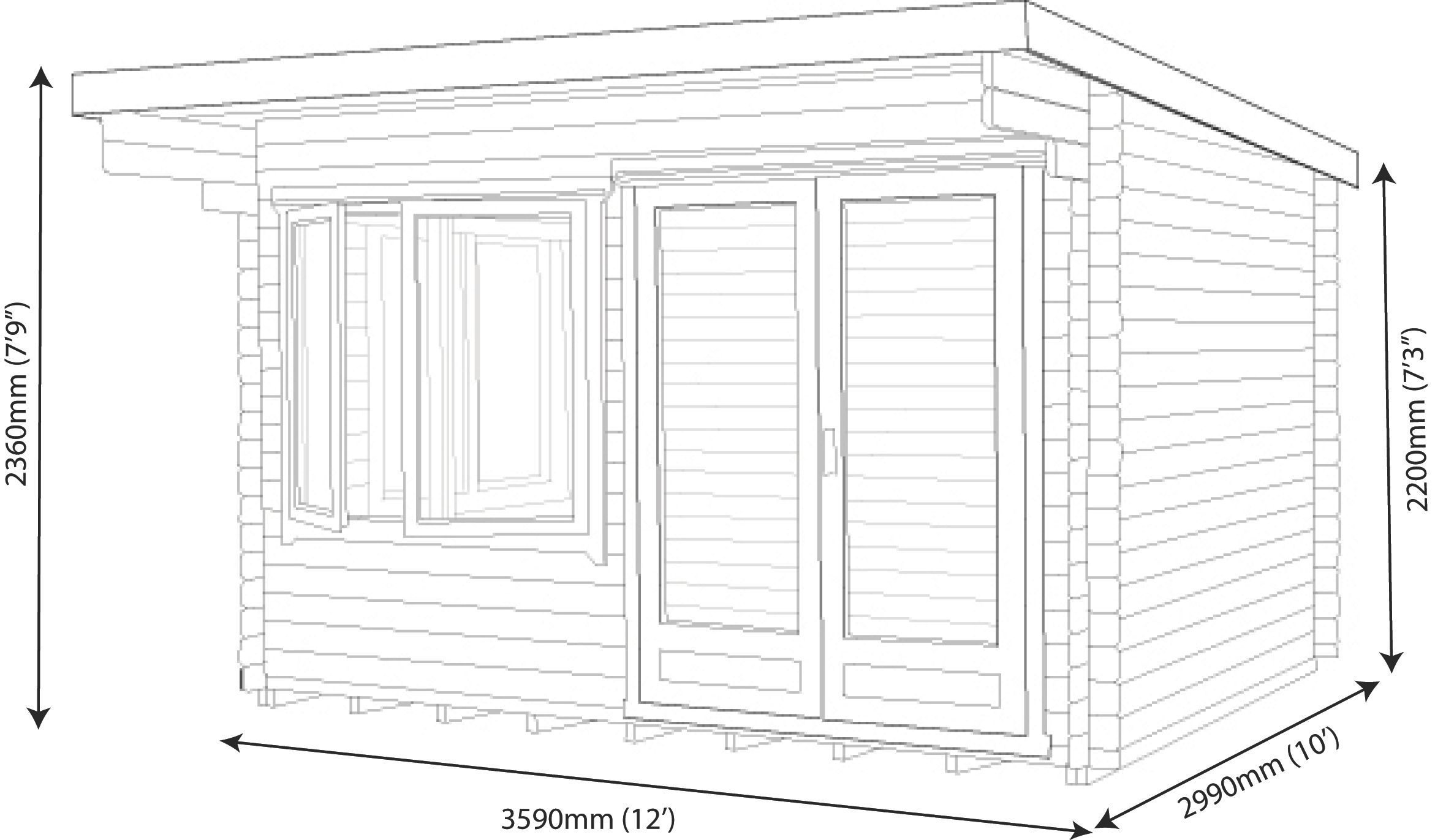 Shire Danbury 10x12 ft Toughened glass & 4 windows Pent Wooden Cabin