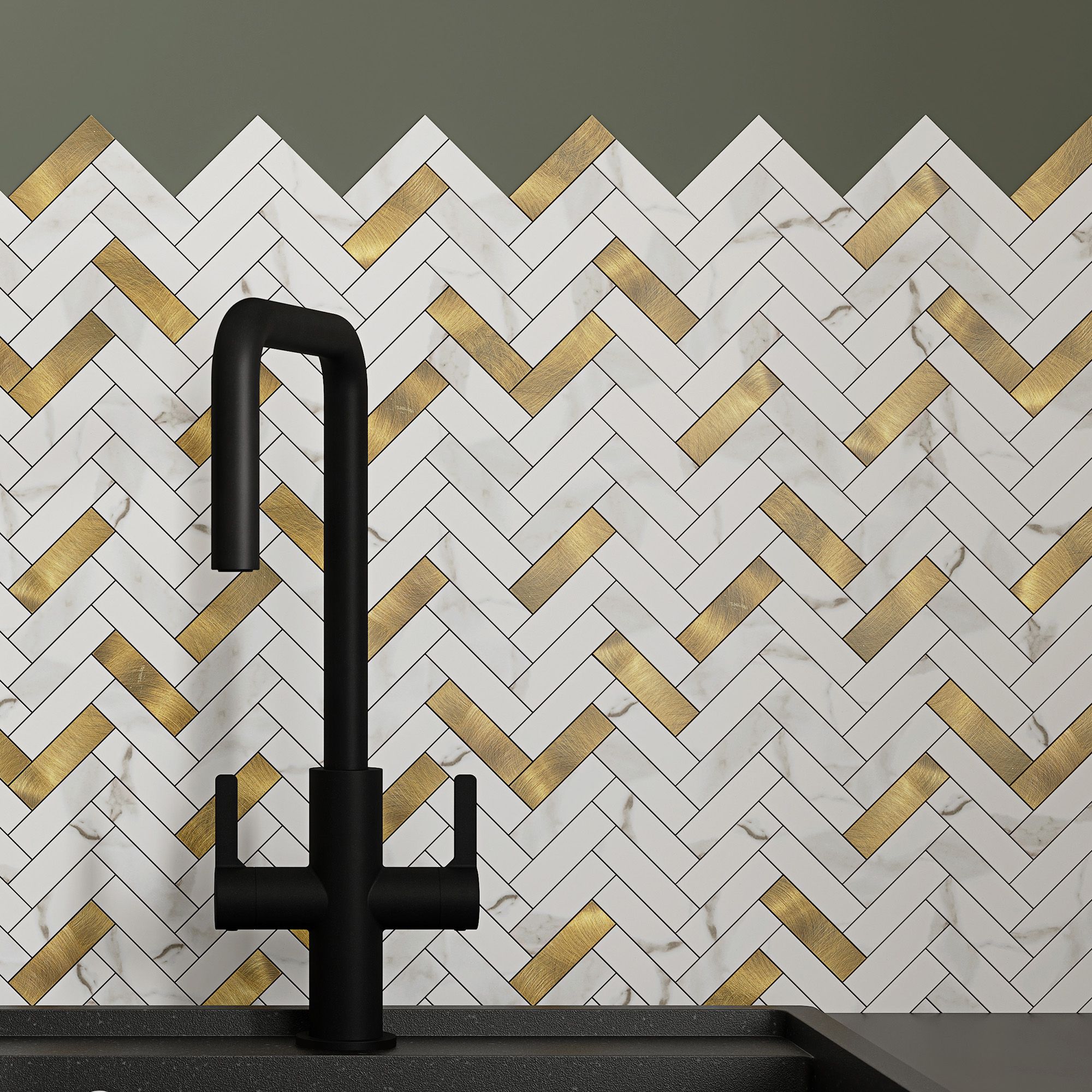 Skarda White & Gold Matt Marble effect Chevron Aluminium & PVC Self ...